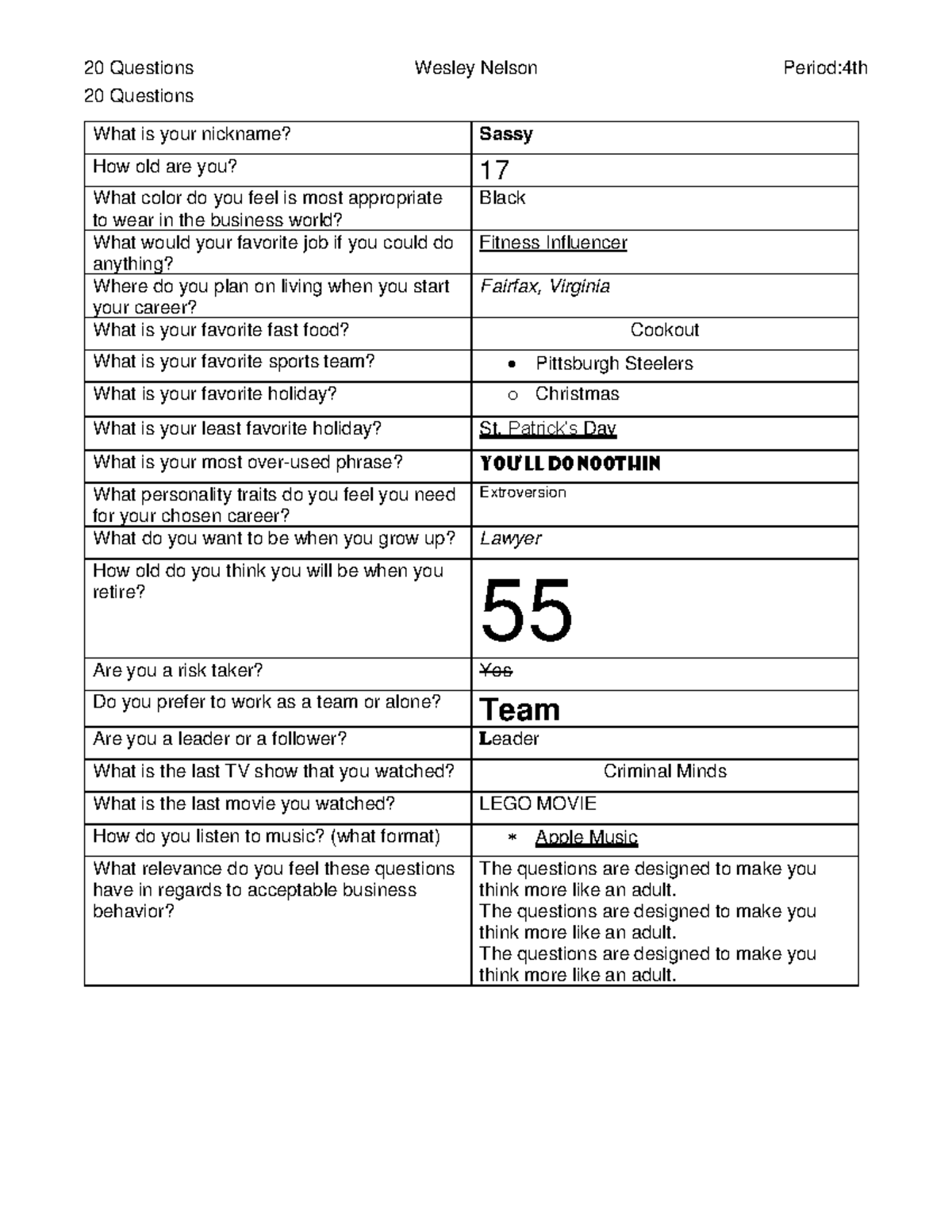 20 Questions+ Wesley Nelson - Patrick’s Day What is your most over-used ...