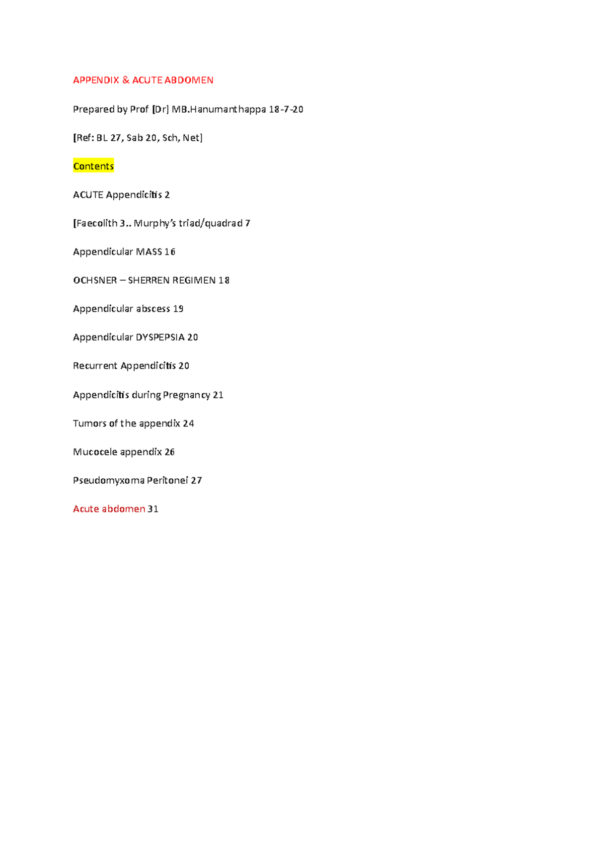 Appendx,Acute abd Notes 18-7-20 - APPENDIX & ACUTE ABDOMEN [Ref: BL 27 ...