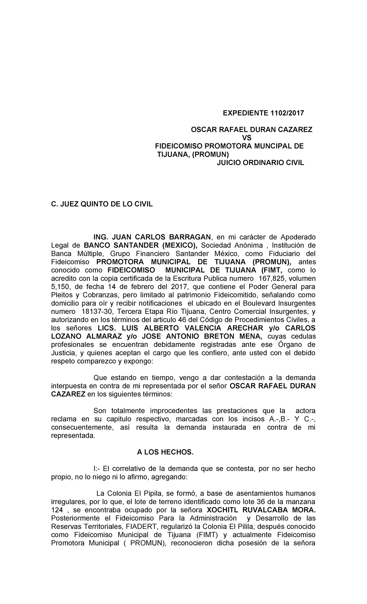 Contestacion Demanda Oscar Rafael - EXPEDIENTE 1102/ OSCAR RAFAEL DURAN ...