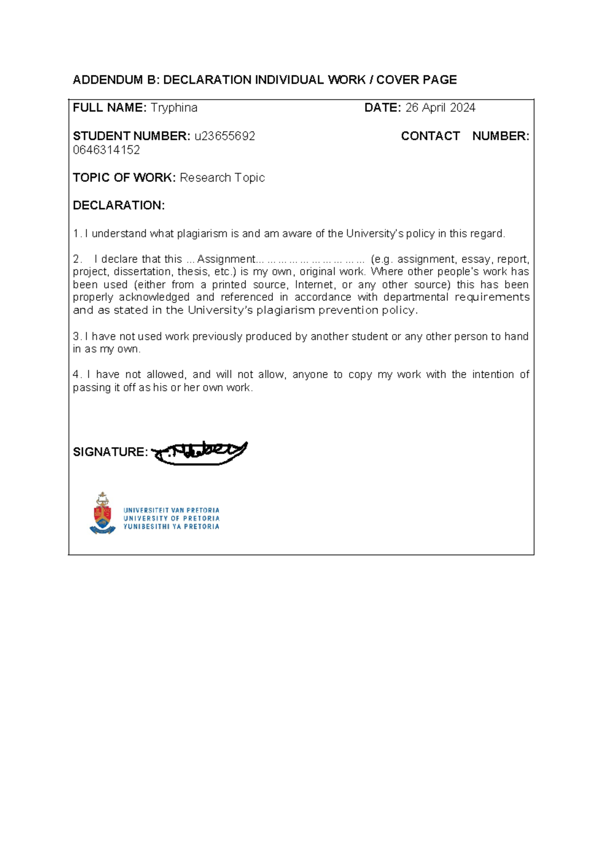 Addendum B - ADDENDUM B: DECLARATION INDIVIDUAL WORK / COVER PAGE FULL ...