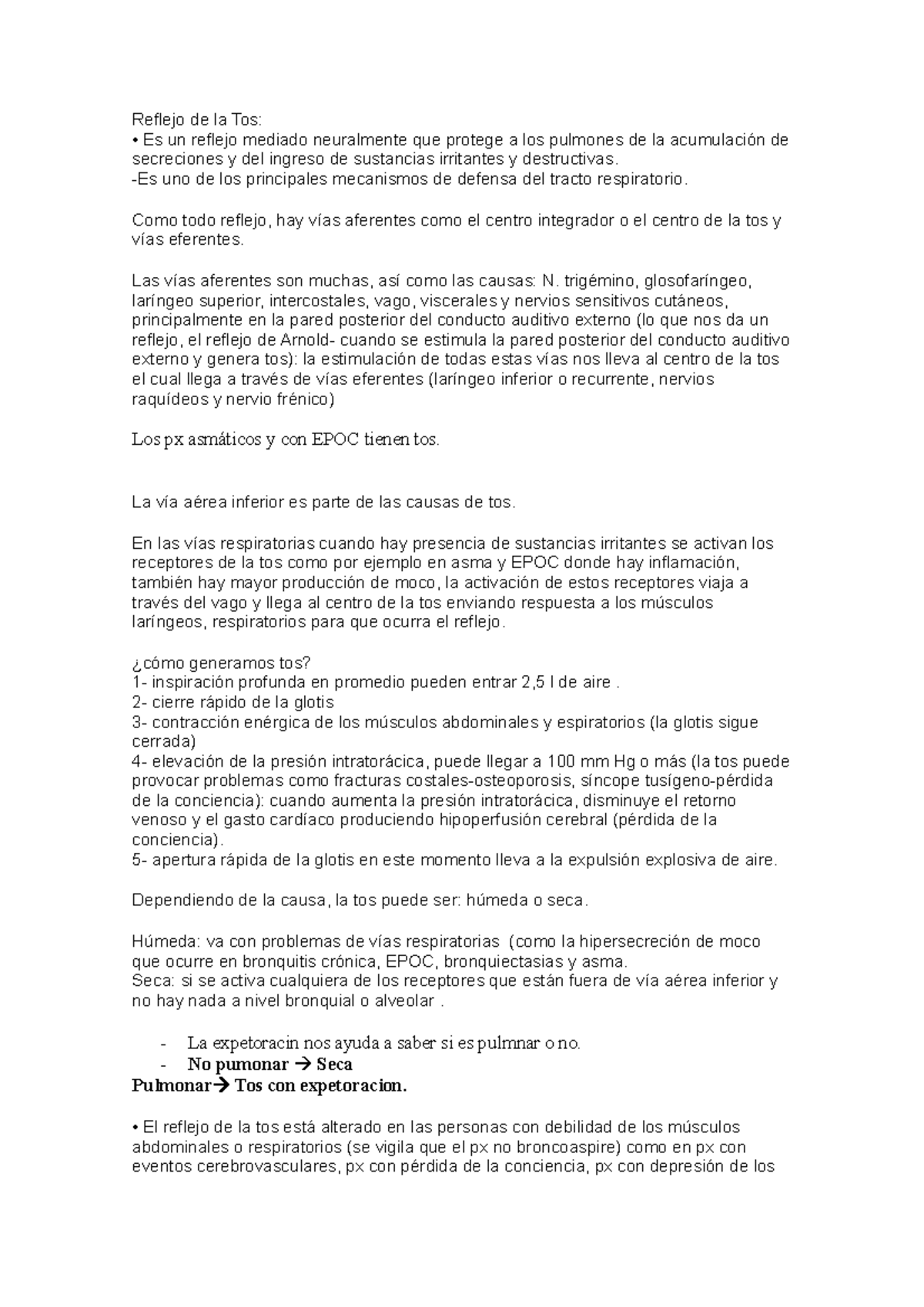 La Tos- Mecanismos fisiopatológicos-Resumen completo y anotaciones ...