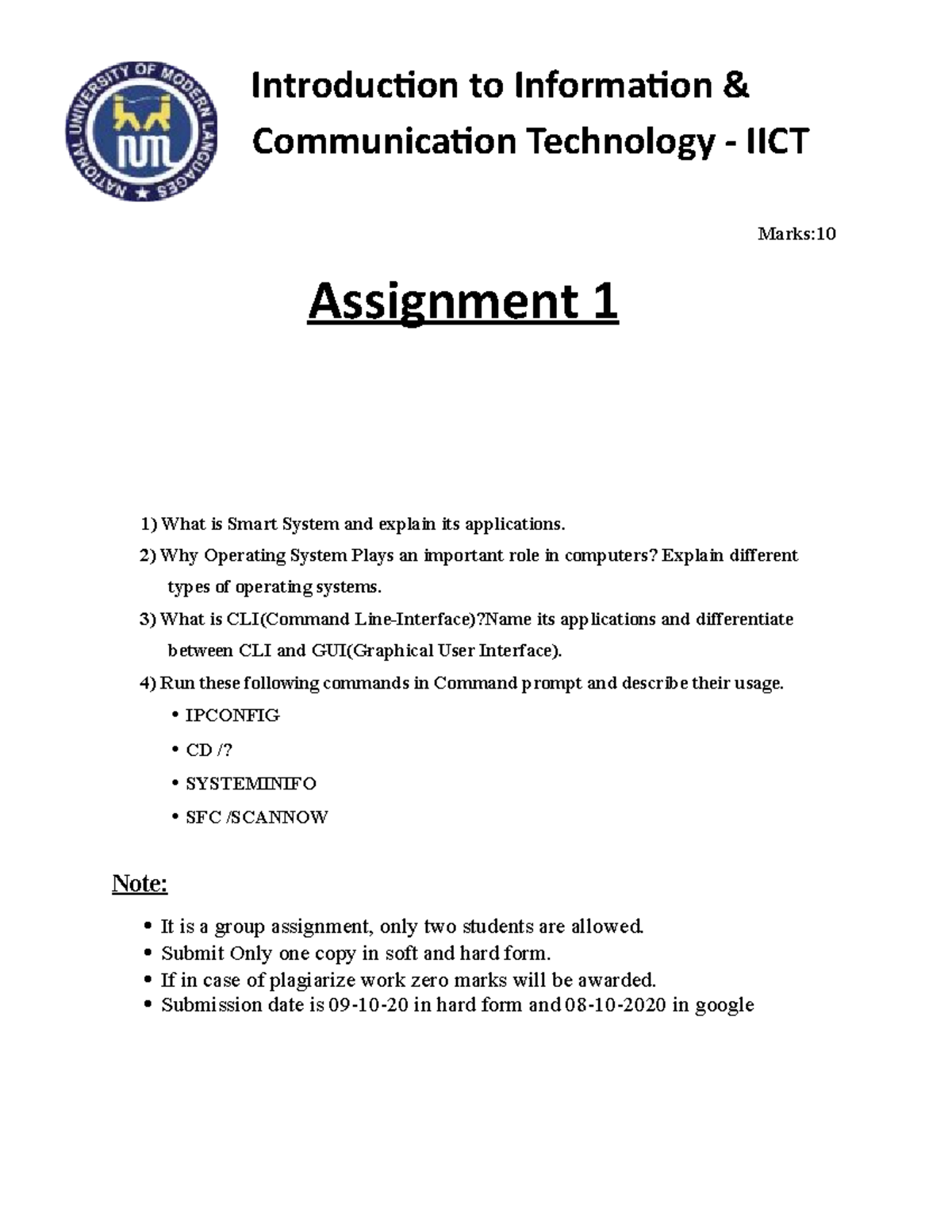 Assignment 1Introduction to Information & Communication Technology - IICT Marks:10 Assignment 1 ...