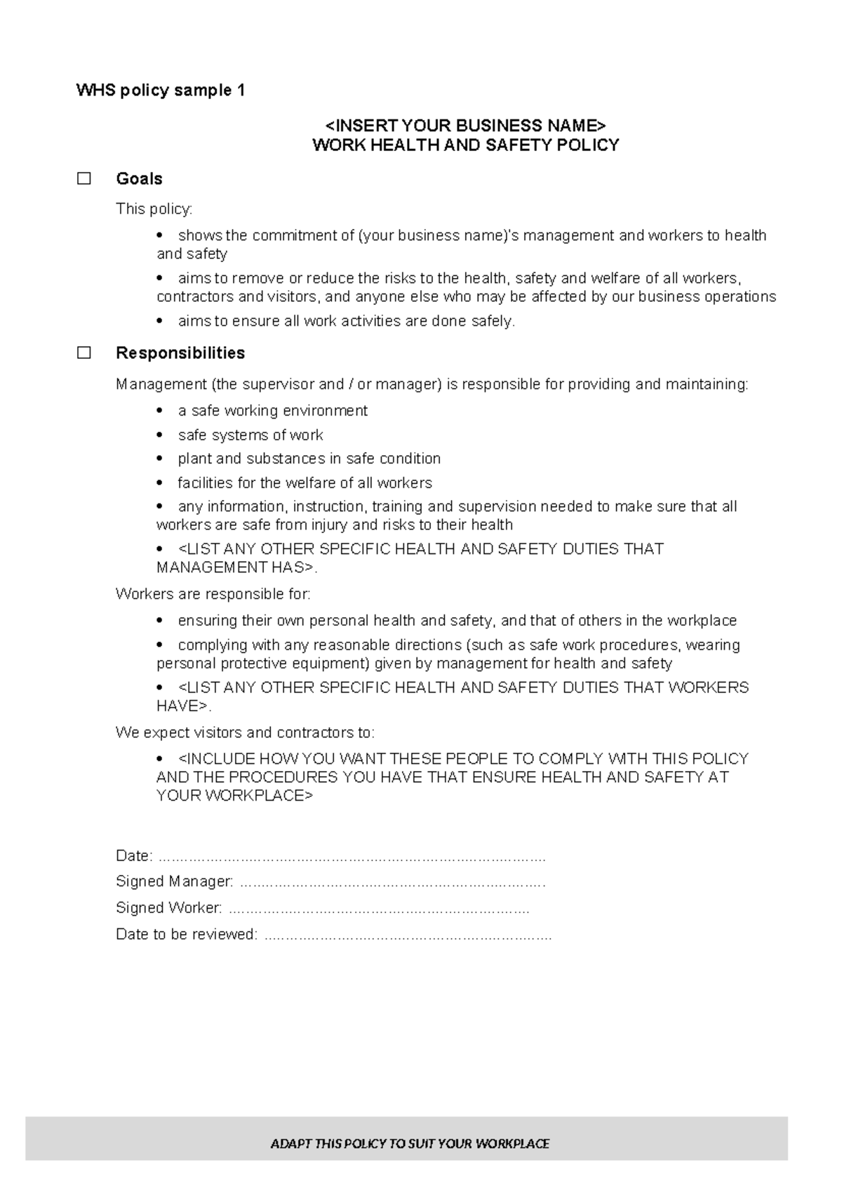 Construction sample Work health and safety policies - WHS policy sample 1