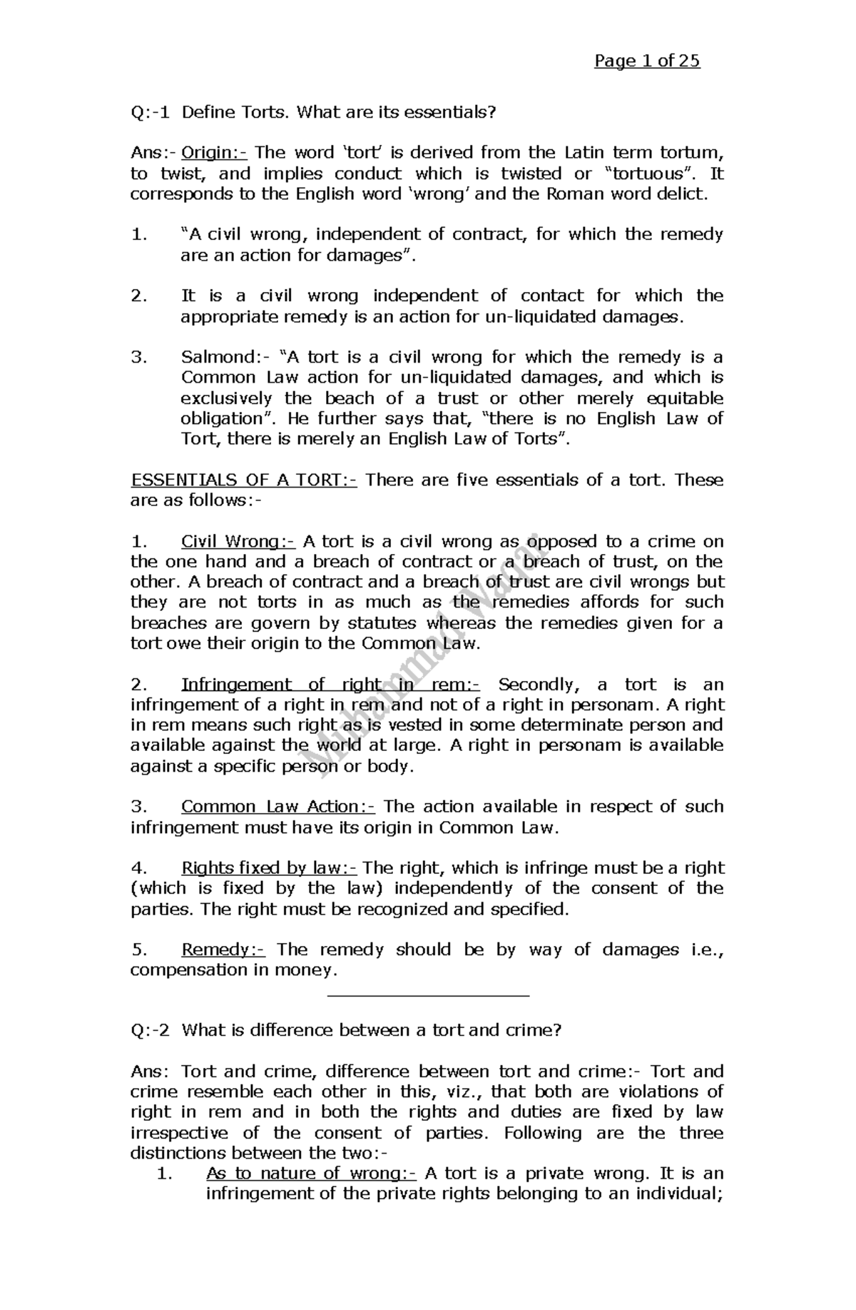 Law of Torts. 𝙈 - Law of tort notes - Q:-1 Define Torts. What are its ...