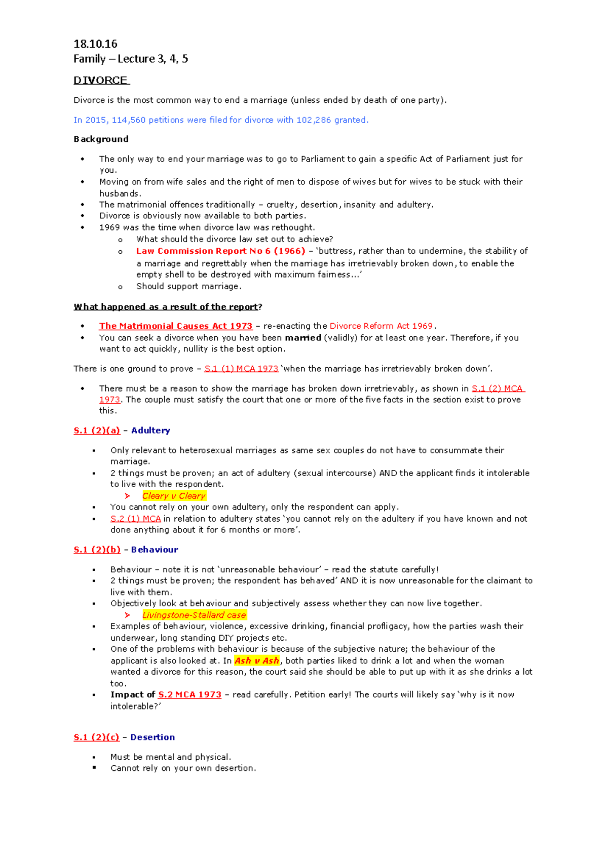 Divorce Lecture Notes - 18. Family – Lecture 3, 4, 5 DIVORCE Divorce is ...