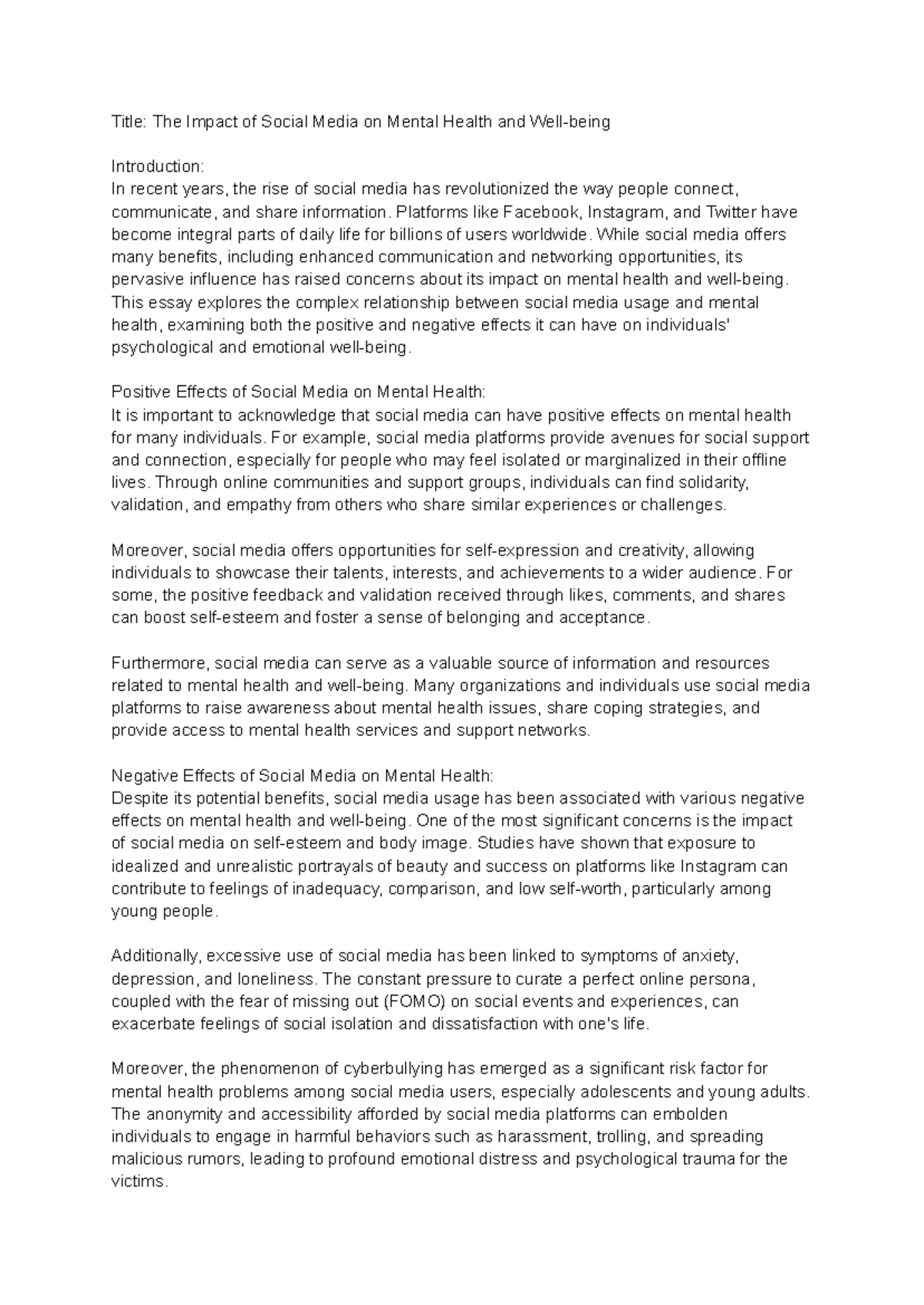 The Impact of Social Media on Mental Health and Well-being - Title: The ...