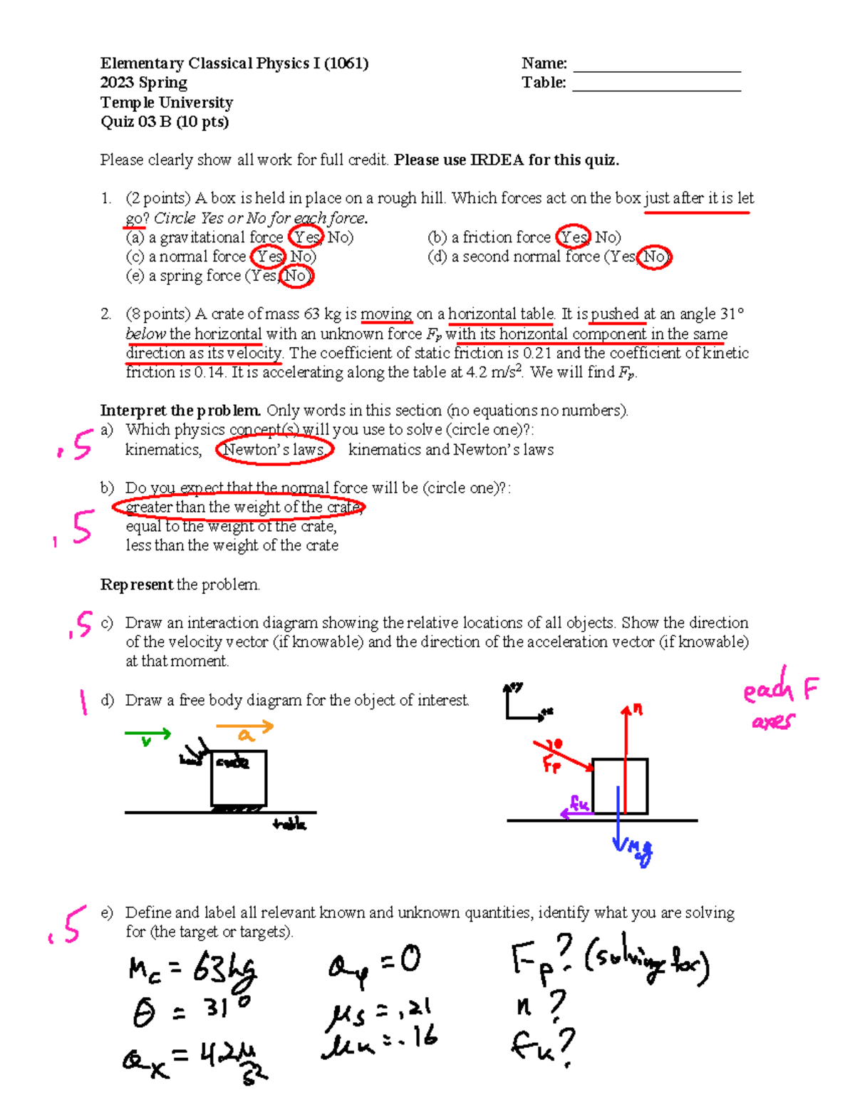 1061-23S-Quiz03-B1to4 soln - Elementary Classical Physics I (1061) Name