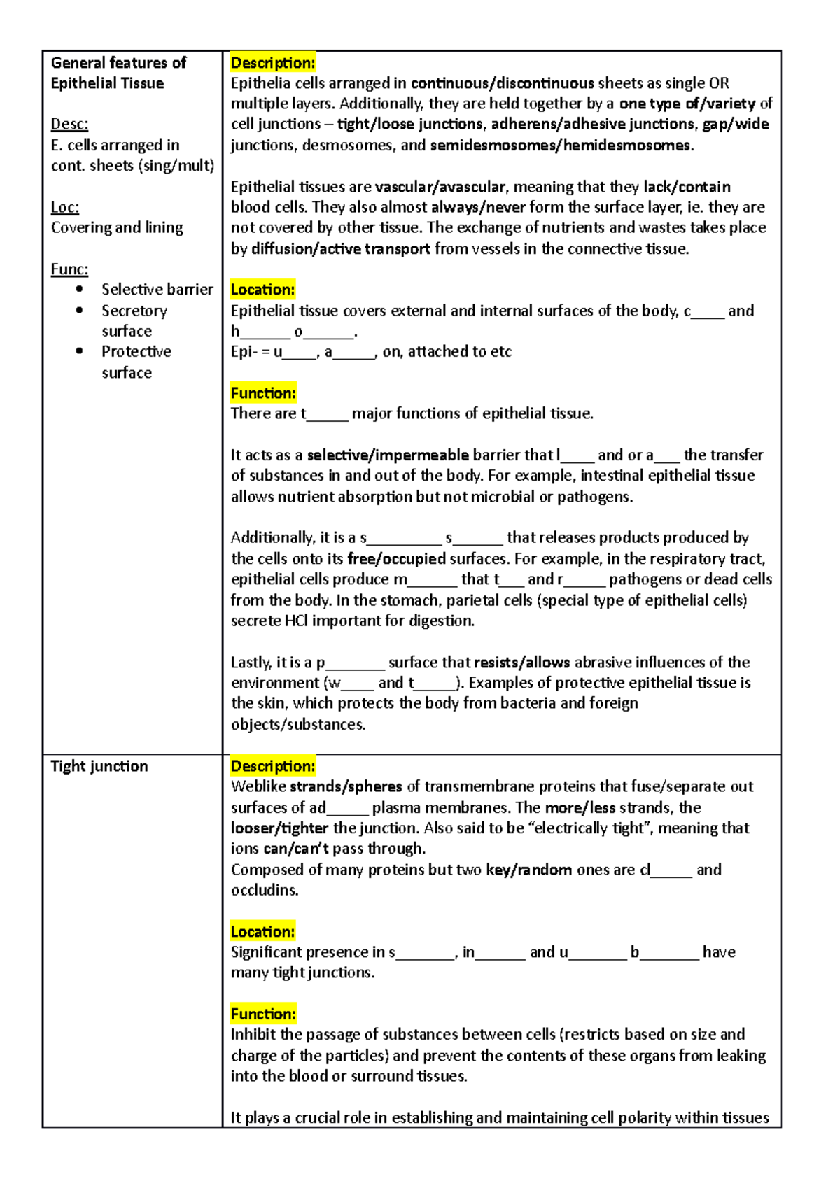 Cloze Practice - Epithelial - General features of Epithelial Tissue ...
