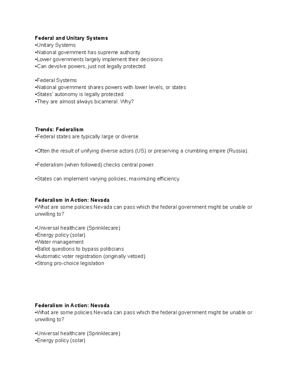 PSC 101: Federalism Part 1 - Federal and Unitary Systems •Unitary ...