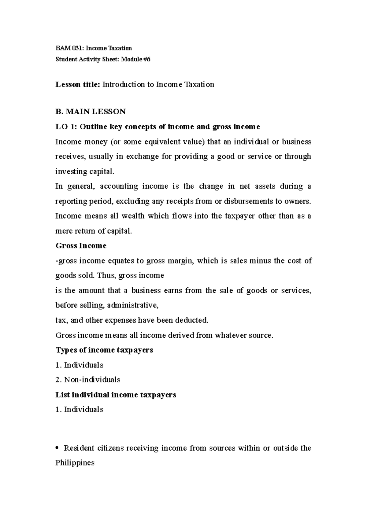 BAM 031 Lesson 6 - BAM 031: Income Taxation Student Activity Sheet ...