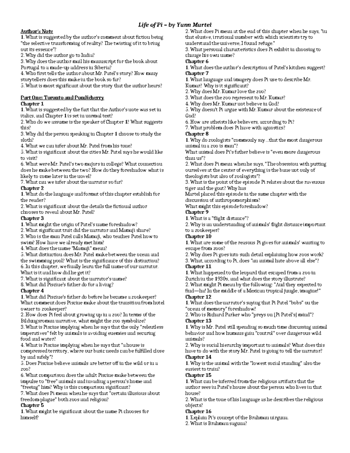 Life-of-Pi Guided Reading Questions 2014 - Life of Pi – by Yann Martel ...