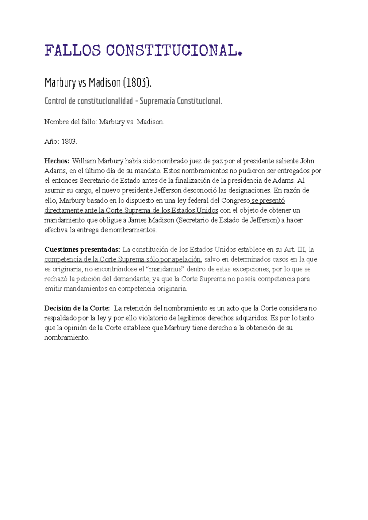 Fallos Constitucional - FALLOS CONSTITUCIONAL. Marbury vs Madison (1803). Control de - Studocu