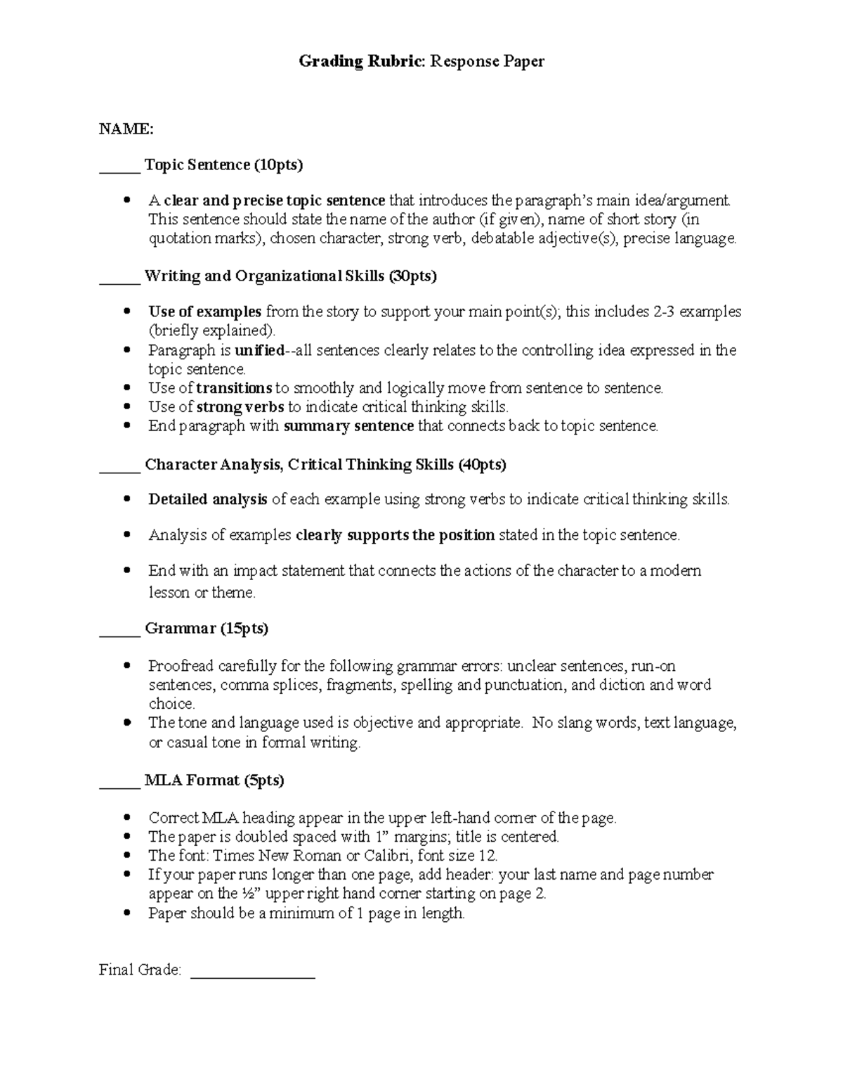 Grading Rubric Short Paper - Grading Rubric: Response Paper NAME ...