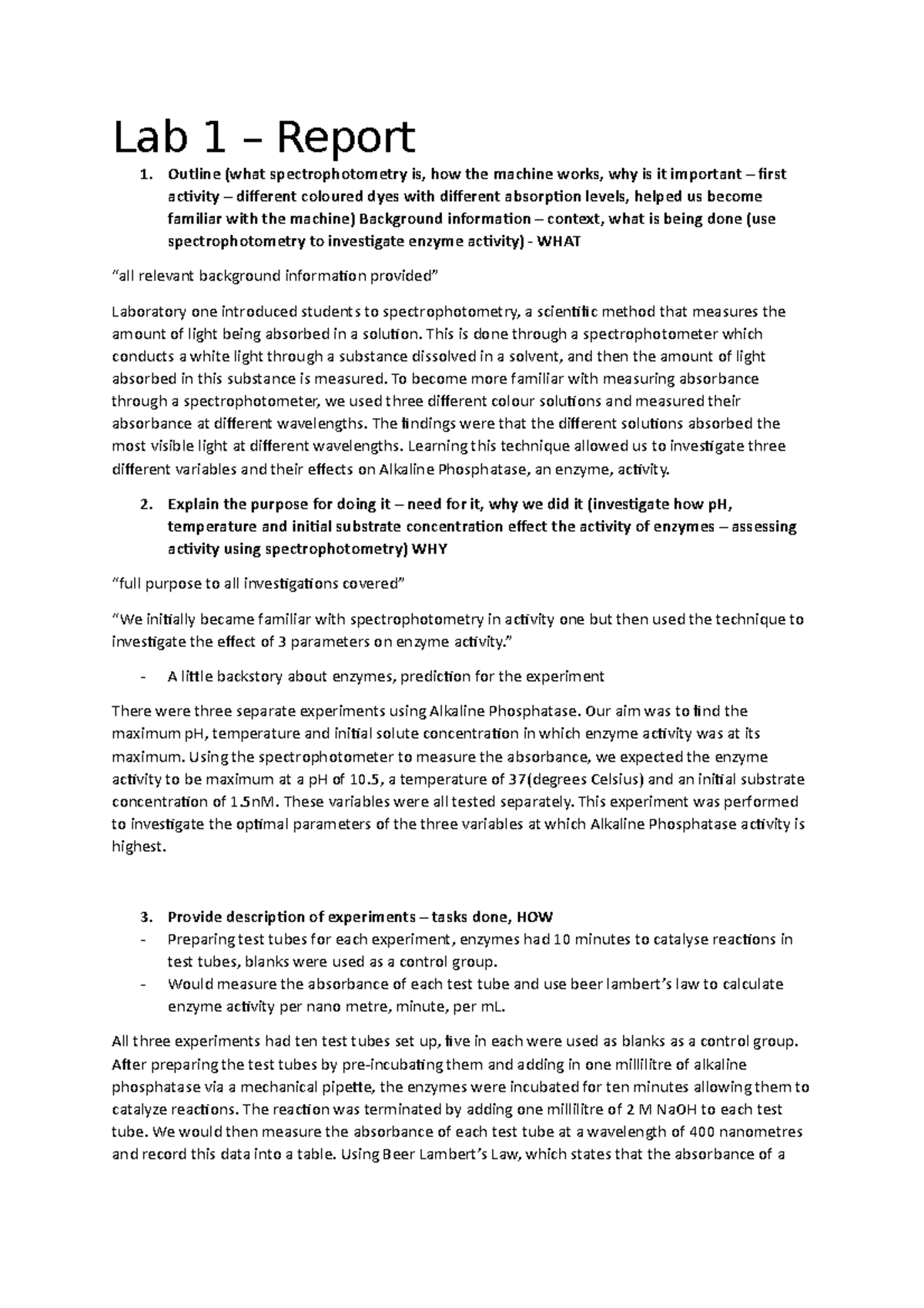 Lab 1 - Summary - Lab 1 – Report Outline (what spectrophotometry is ...