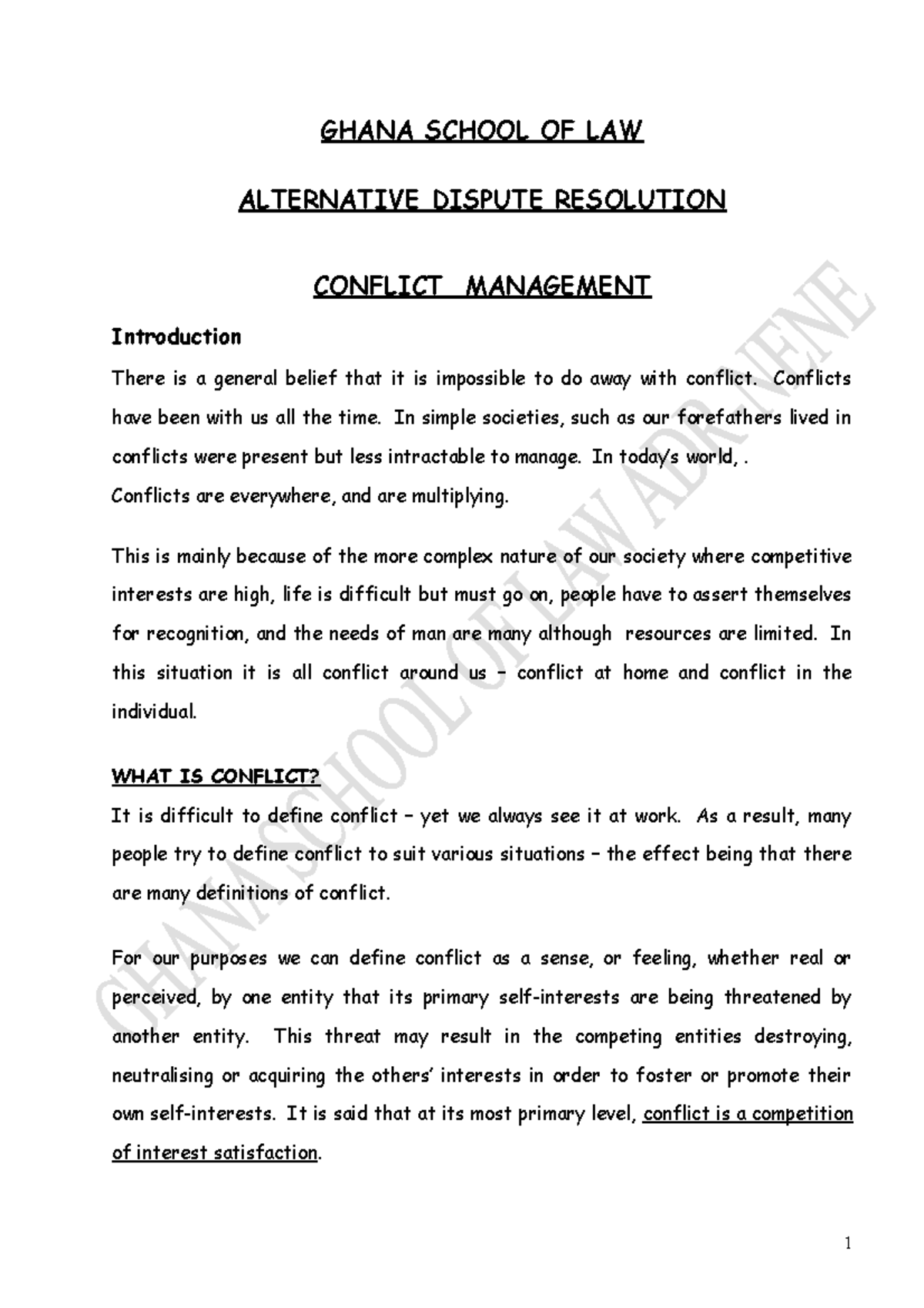Conflict Management - Lecture notes 1 - GHANA SCHOOL OF LAW ALTERNATIVE ...