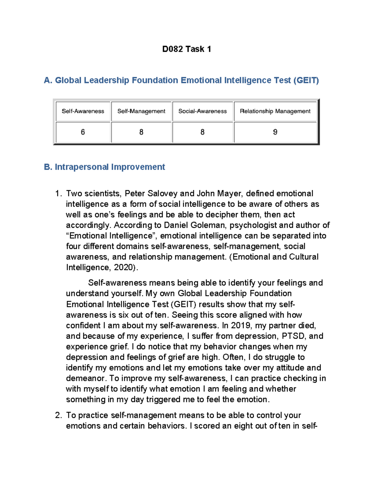 D082 Task 1 - D082 Task 1 A. Global Leadership Foundation Emotional ...