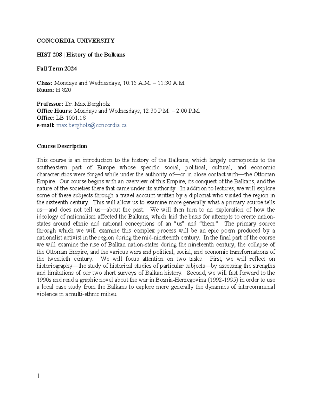 Syllabus - HIST 208 - Fall Term 2024 - CONCORDIA UNIVERSITY HIST 208 ...