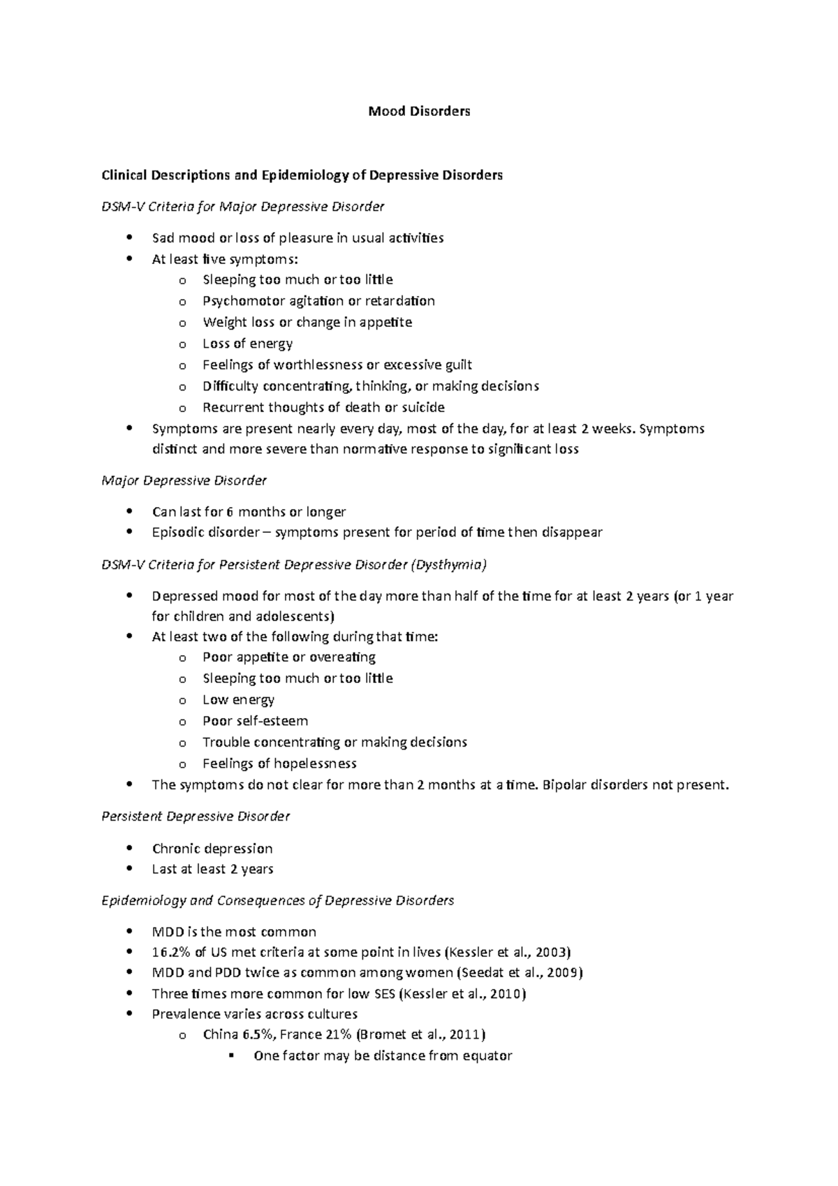 Mood Disorders Notes - Mood Disorders Clinical Descriptions and ...