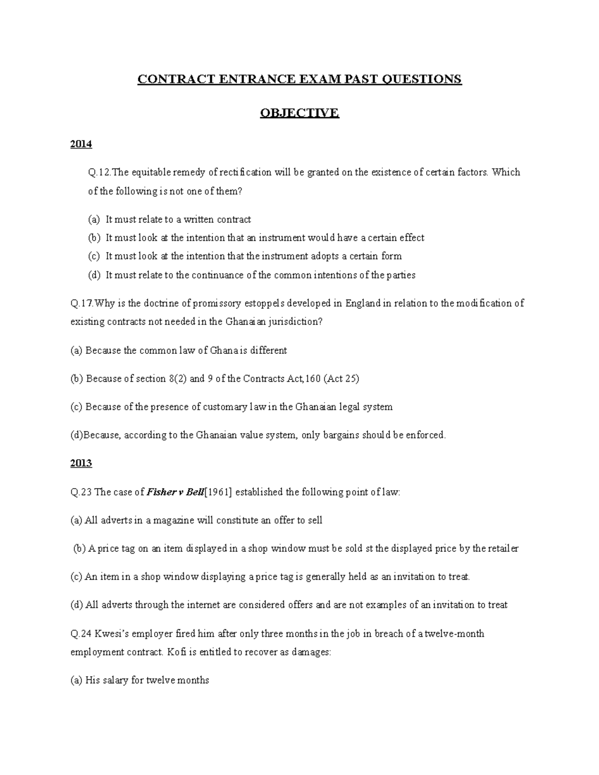 Exam Questions CONTRACT ENTRANCE EXAM PAST QUESTIONS OBJECTIVE 2014 exam-questions-contract-entrance-exam-past-questions-objective-2014