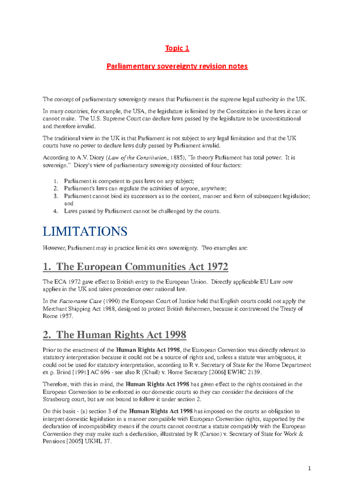 Revision Notes - Topic 1 Parliamentary sovereignty revision notes The ...