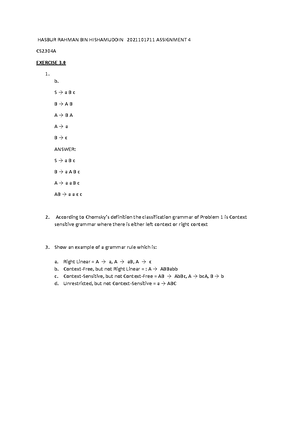 CSC 569 Exercises 3.0 - EXERCISES 3. 1. a) S ⇒ aS ⇒ abA ⇒ abc S ⇒ aS ⇒ abA ⇒ abbS ⇒ abbbA S ⇒ bA ...