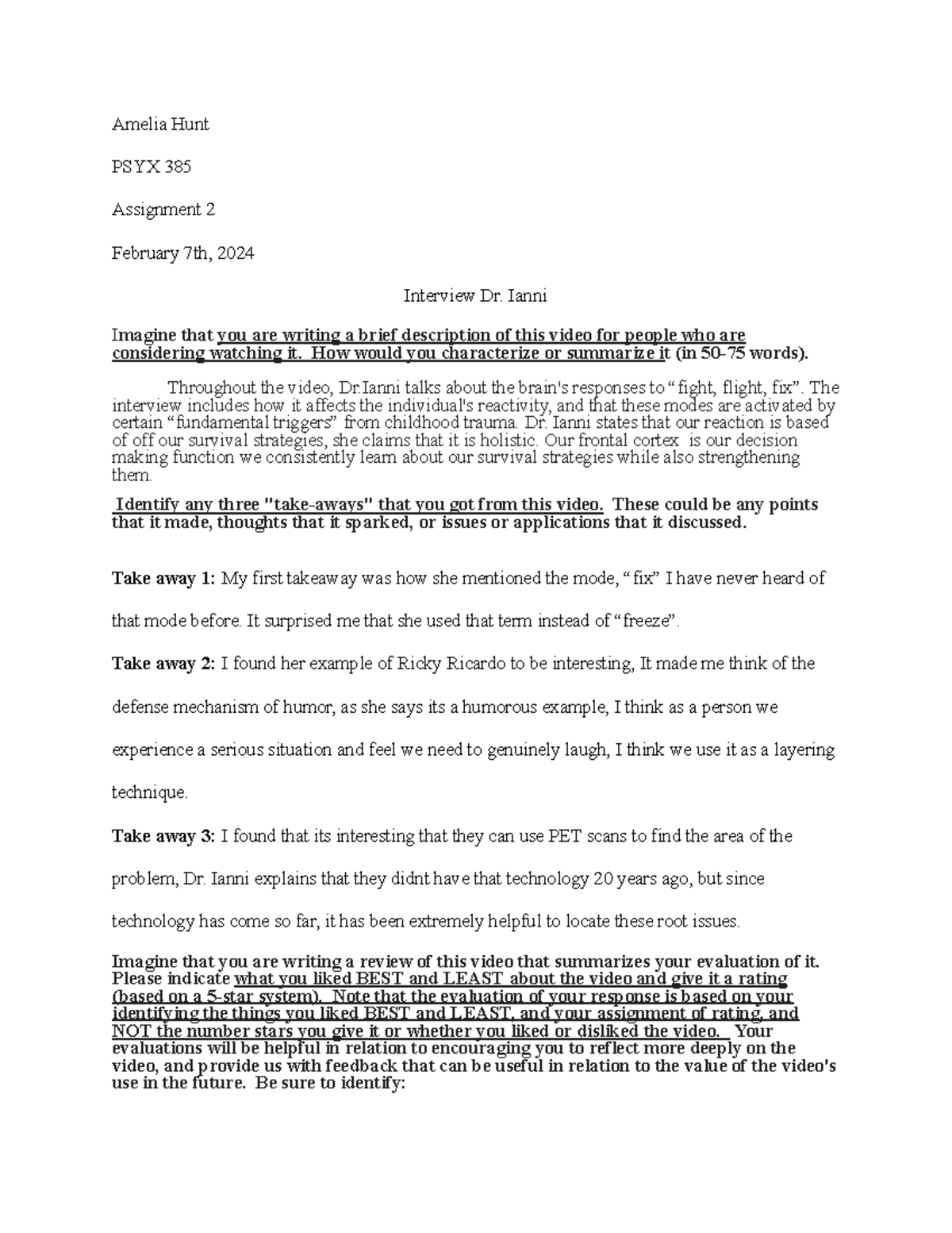 Interview Dr.Ianni - Amelia Hunt PSYX 385 Assignment 2 February 7th ...