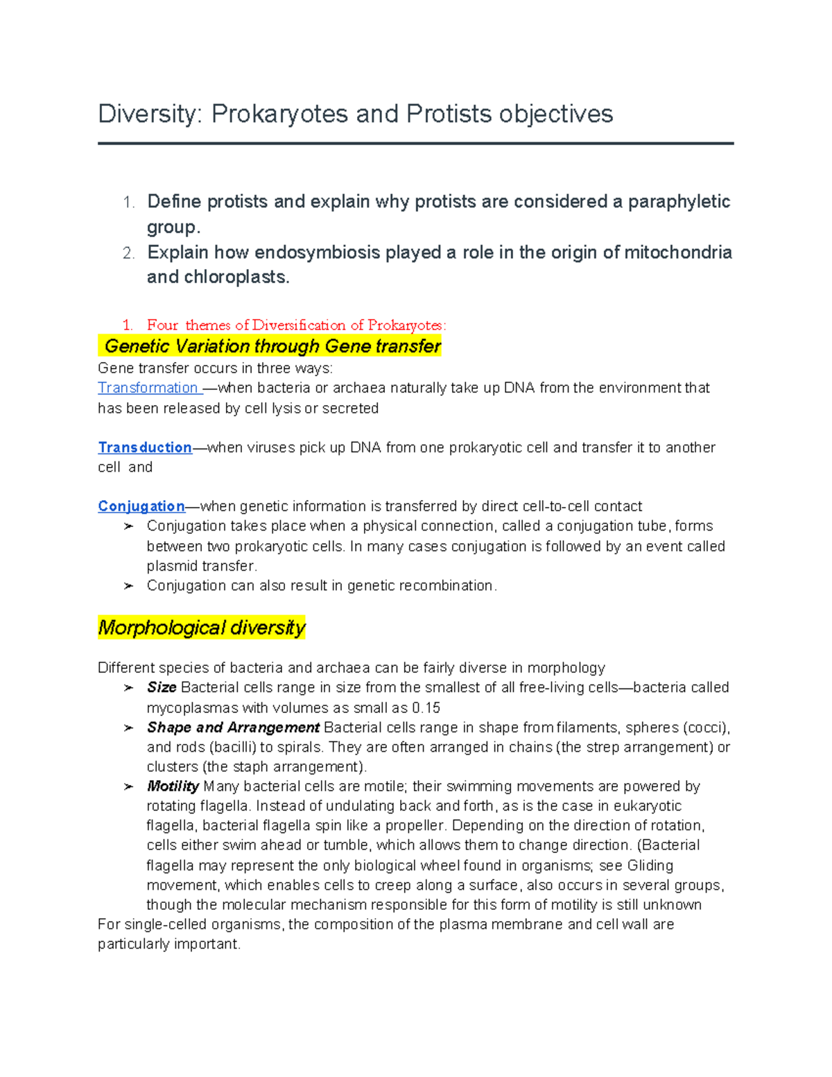 Biology notes - Noes for prokaryotes and protists - Diversity ...