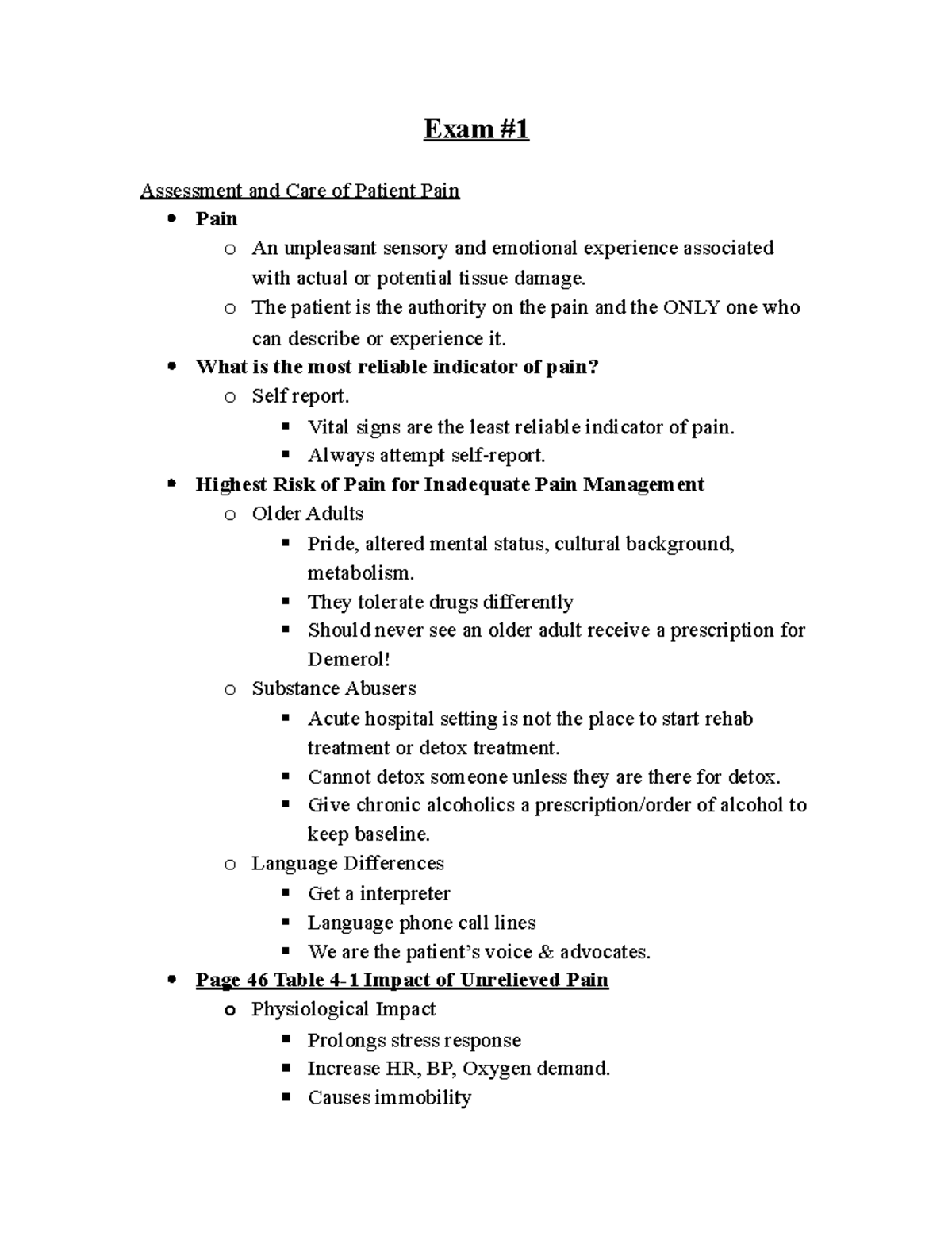 Exam #1 Study guide - Exam Assessment and Care of Patient Pain Pain o ...