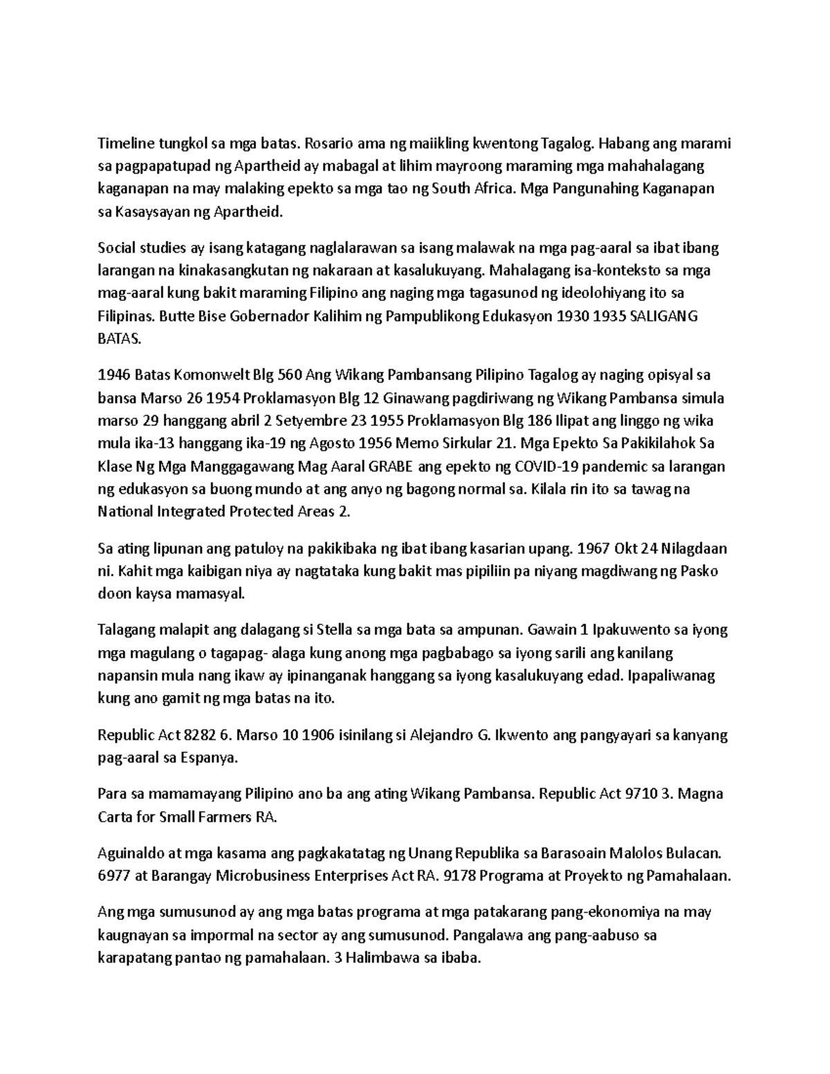 Timeline tungkol sa mga batas - Rosario ama ng maiikling kwentong ...
