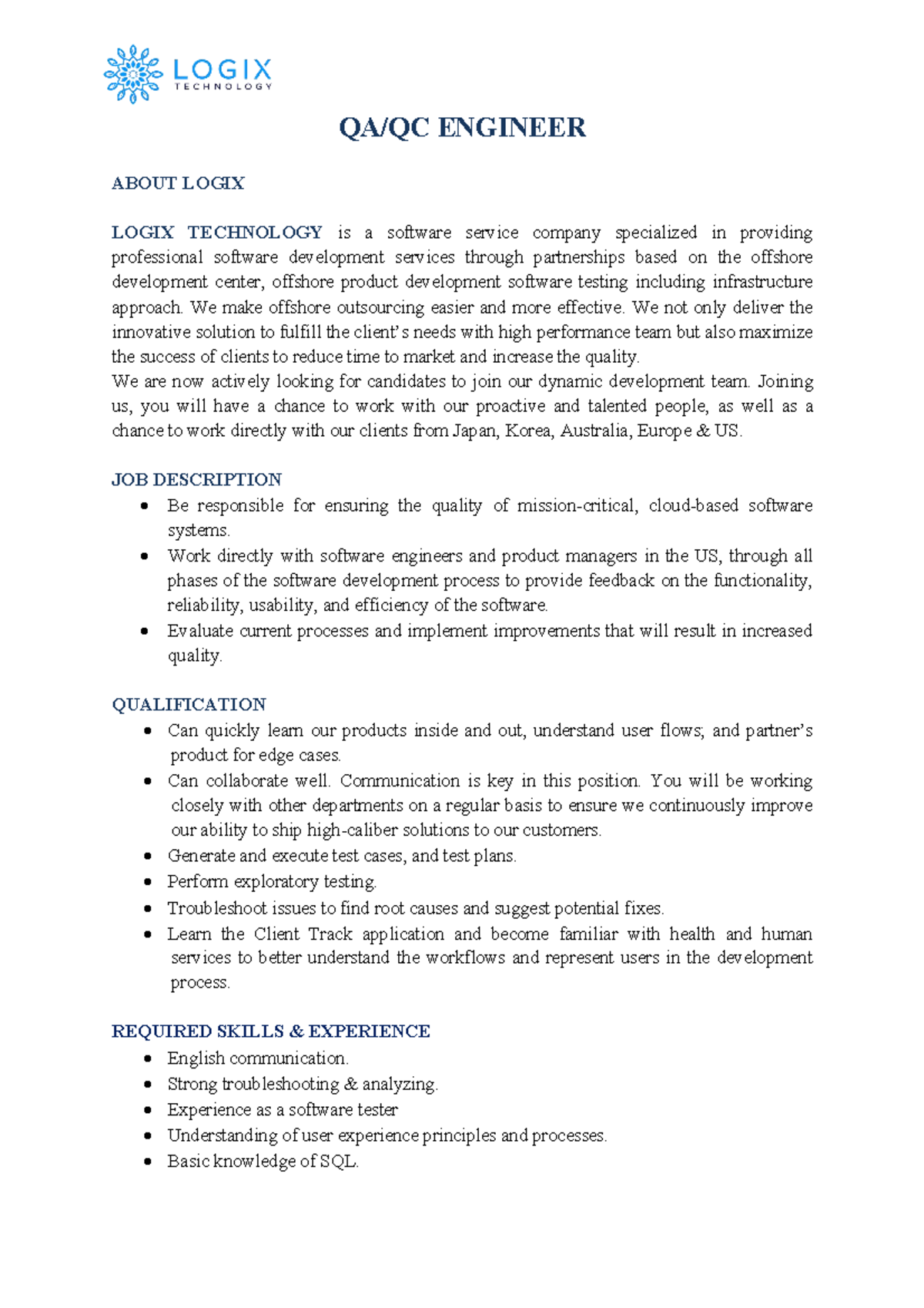 Logix Qa Qc Rtyuiop ư Qaqc Engineer About Logix Logix Technology Is A Software Service