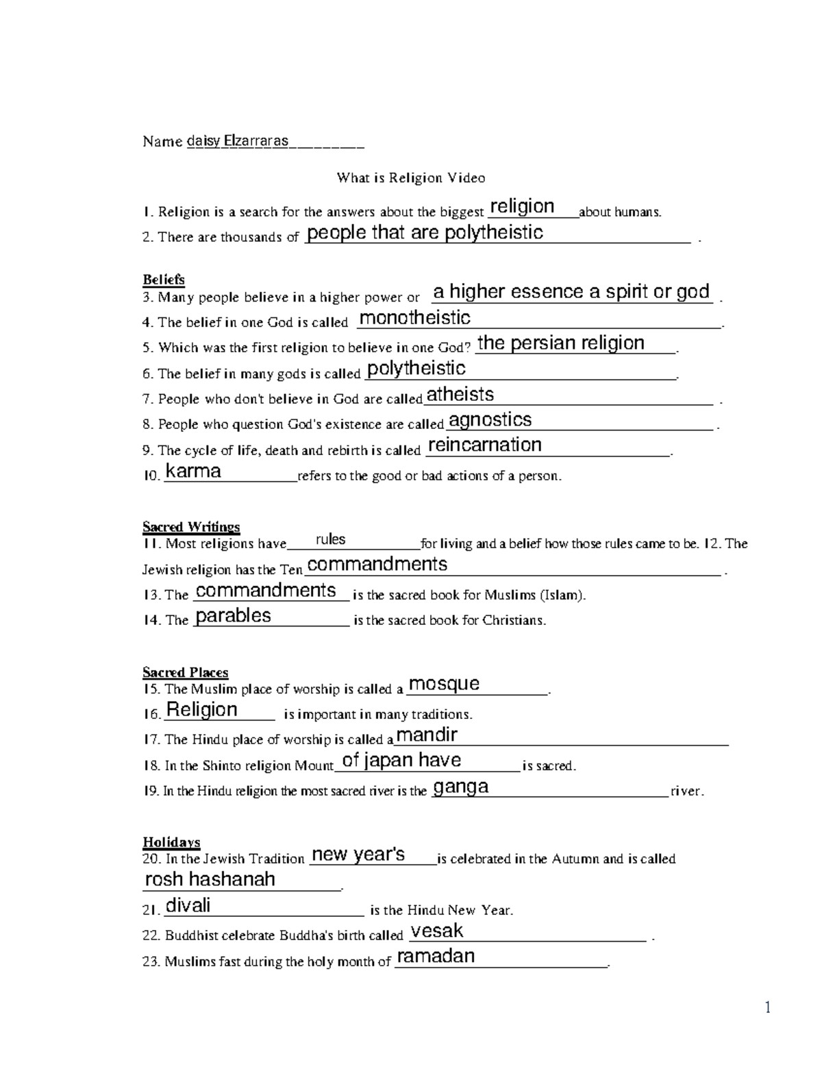 Daisy Elizarraras Orantes - What is Religion Video worksheet - 1 Name