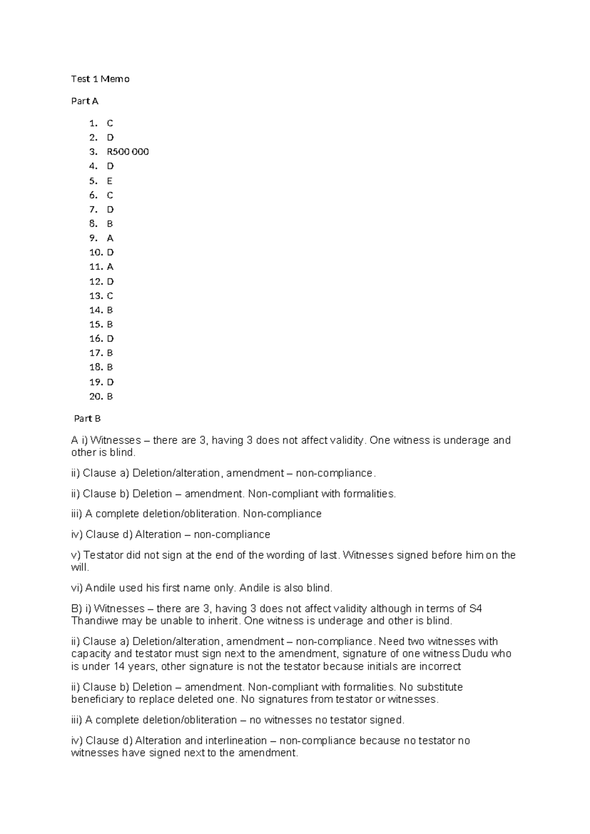 Test 1 Memo Test Memo For Law Of Succession Test 1 Memo Part A 1 C 2 D 3 R500 000 4 D 5