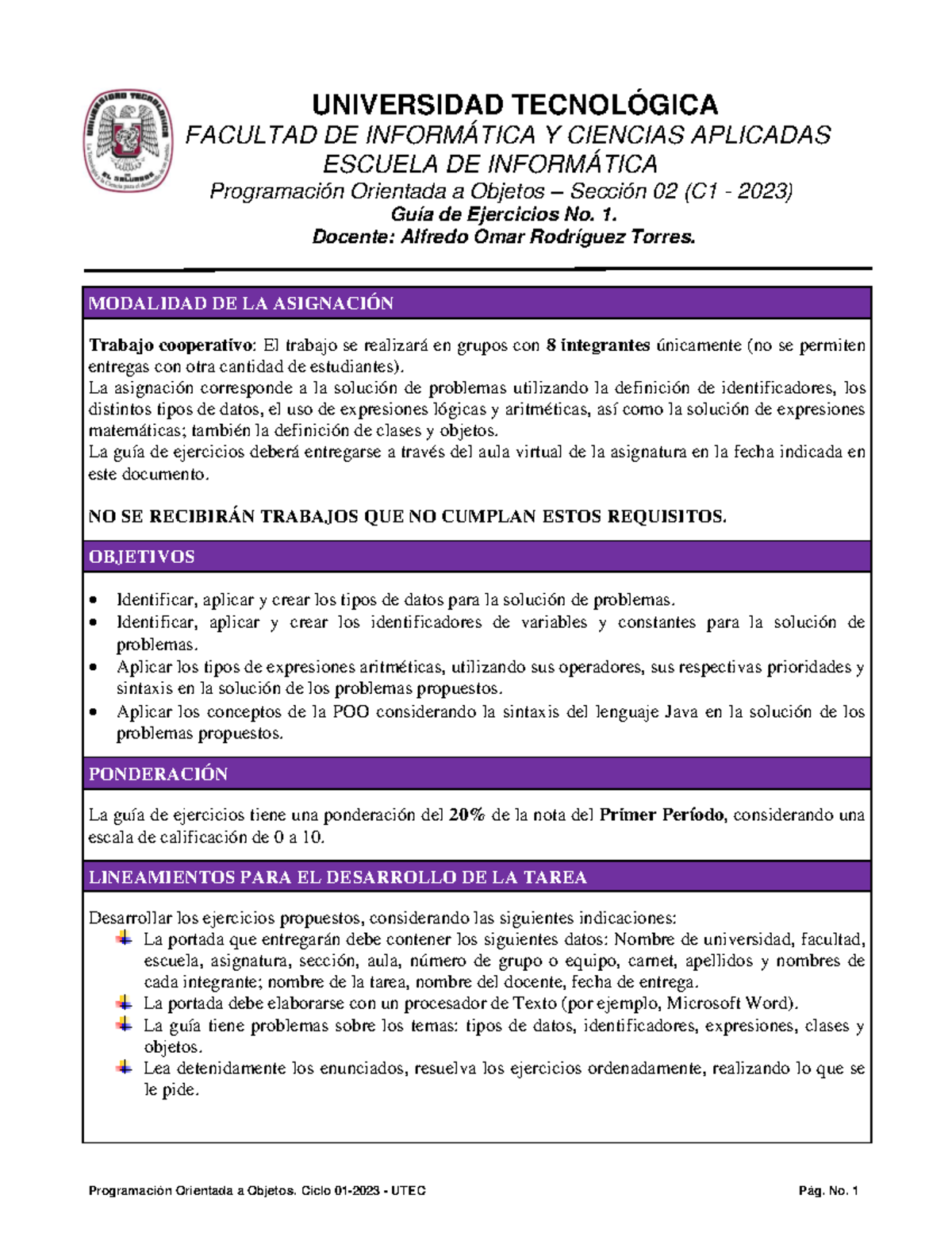 Guía de ejercicios No. 1 - Programación Orientada a Objetos. Ciclo 01-2023 - UTEC Pág. No. 1 ...