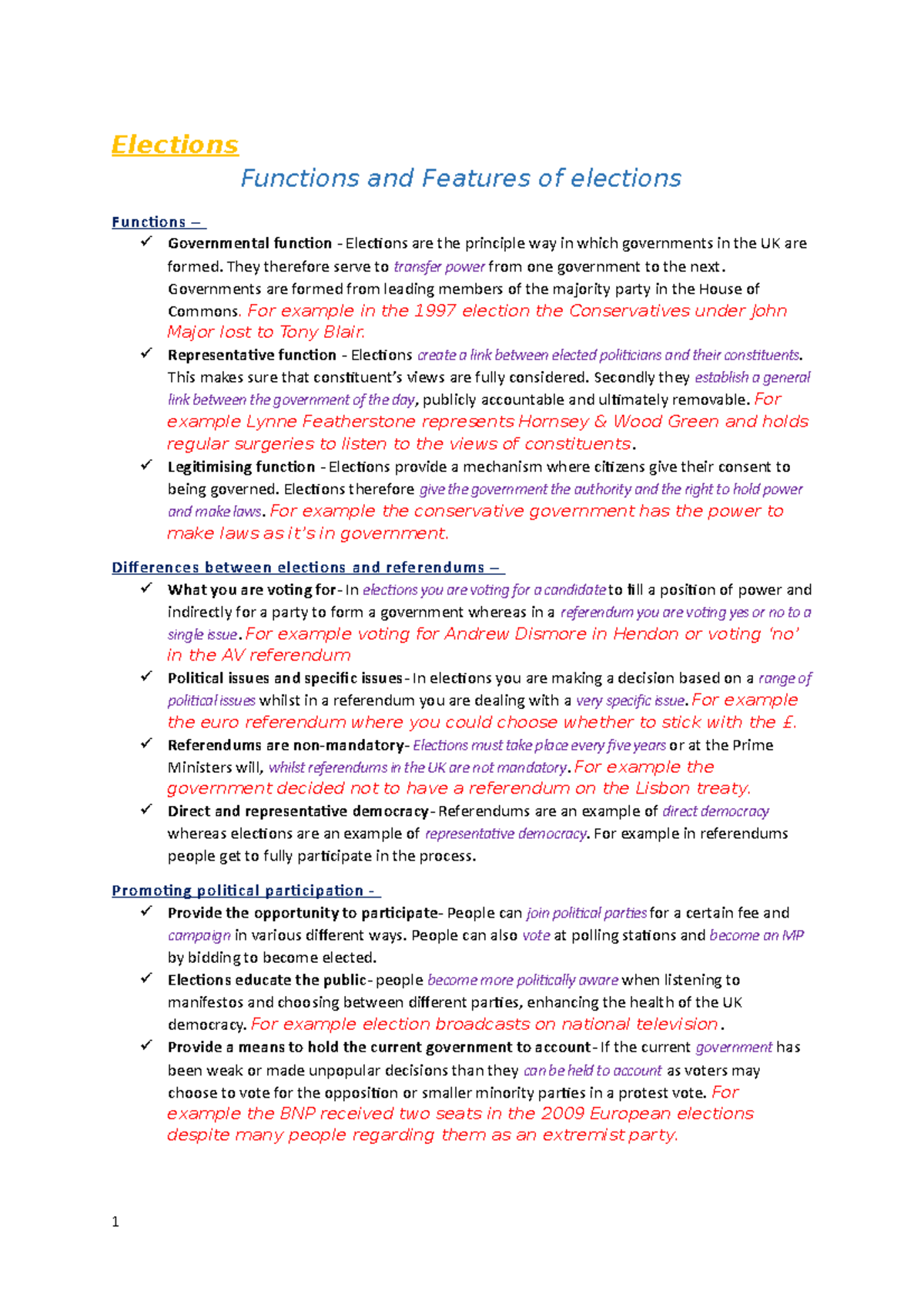 Edexcel AS Government Politics Notes - Elections Functions and Features ...