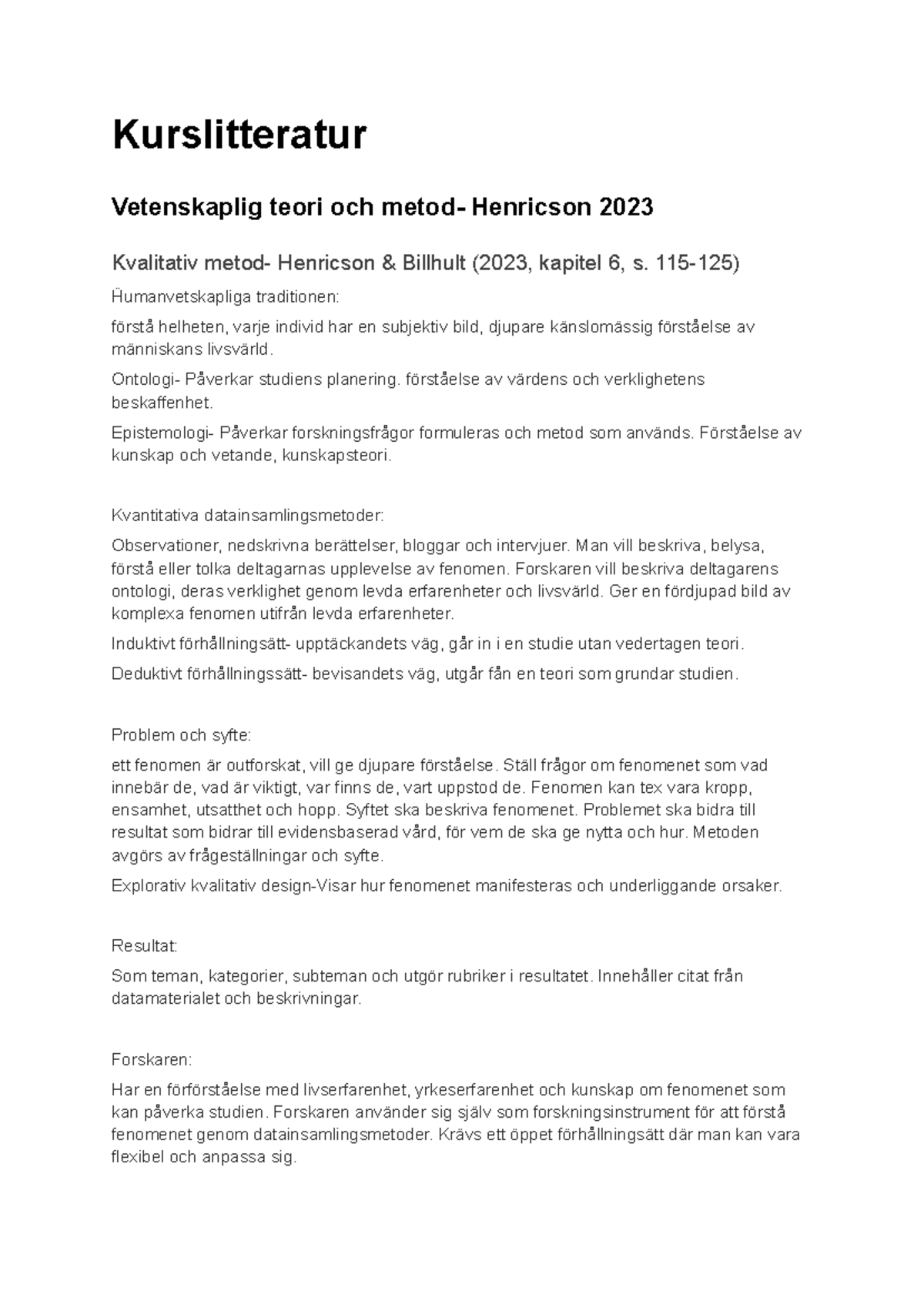 Kurslitteratur anteckningar - Kurslitteratur Vetenskaplig teori och ...