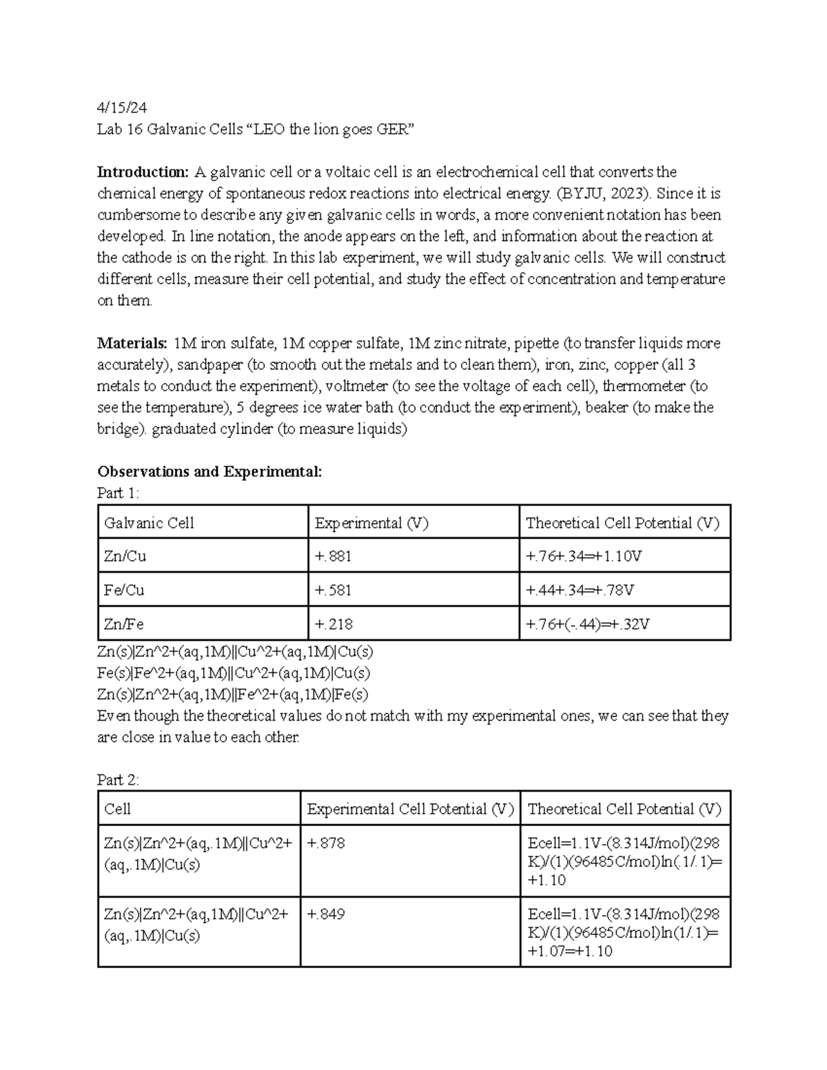 Lab 16 - 4/15/ Lab 16 Galvanic Cells “LEO the lion goes GER ...