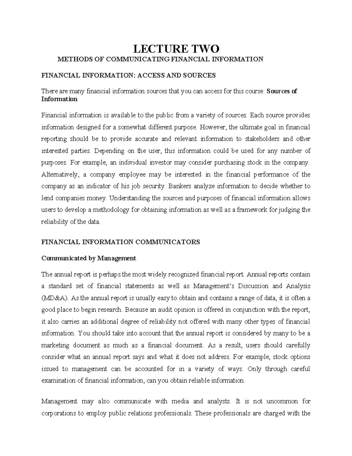 Financial statement analysis lec 2 - LECTURE TWO METHODS OF ...