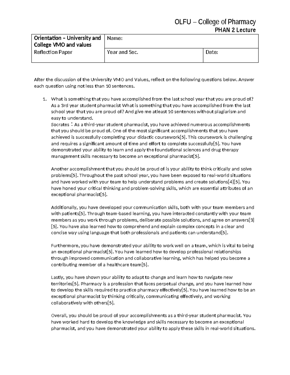 Orientation - Reflection Paper - OLFU – College of Pharmacy PHAN 2 ...