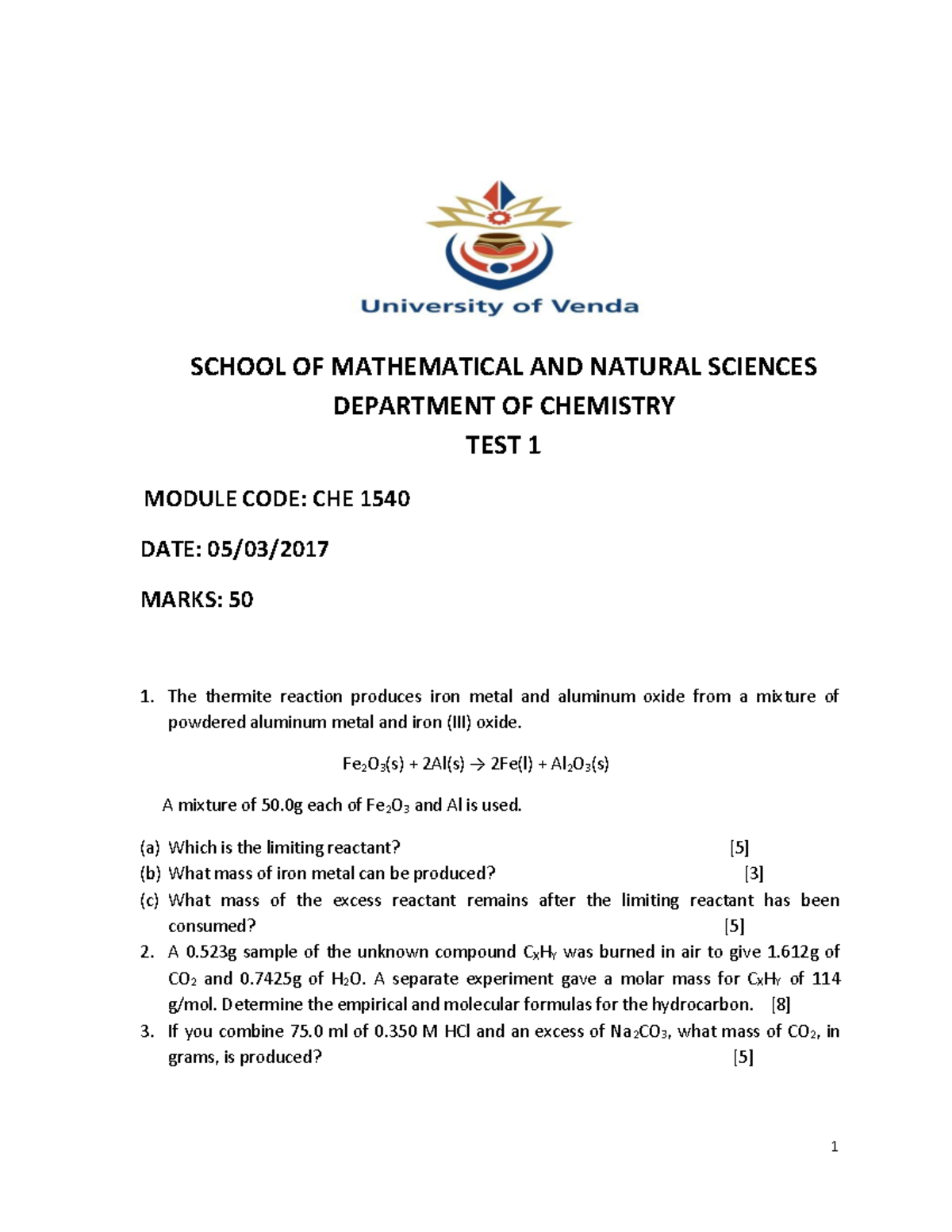CHE 1540 TEST 1 -2017 - 1 SCHOOL OF MATHEMATICAL AND NATURAL SCIENCES ...