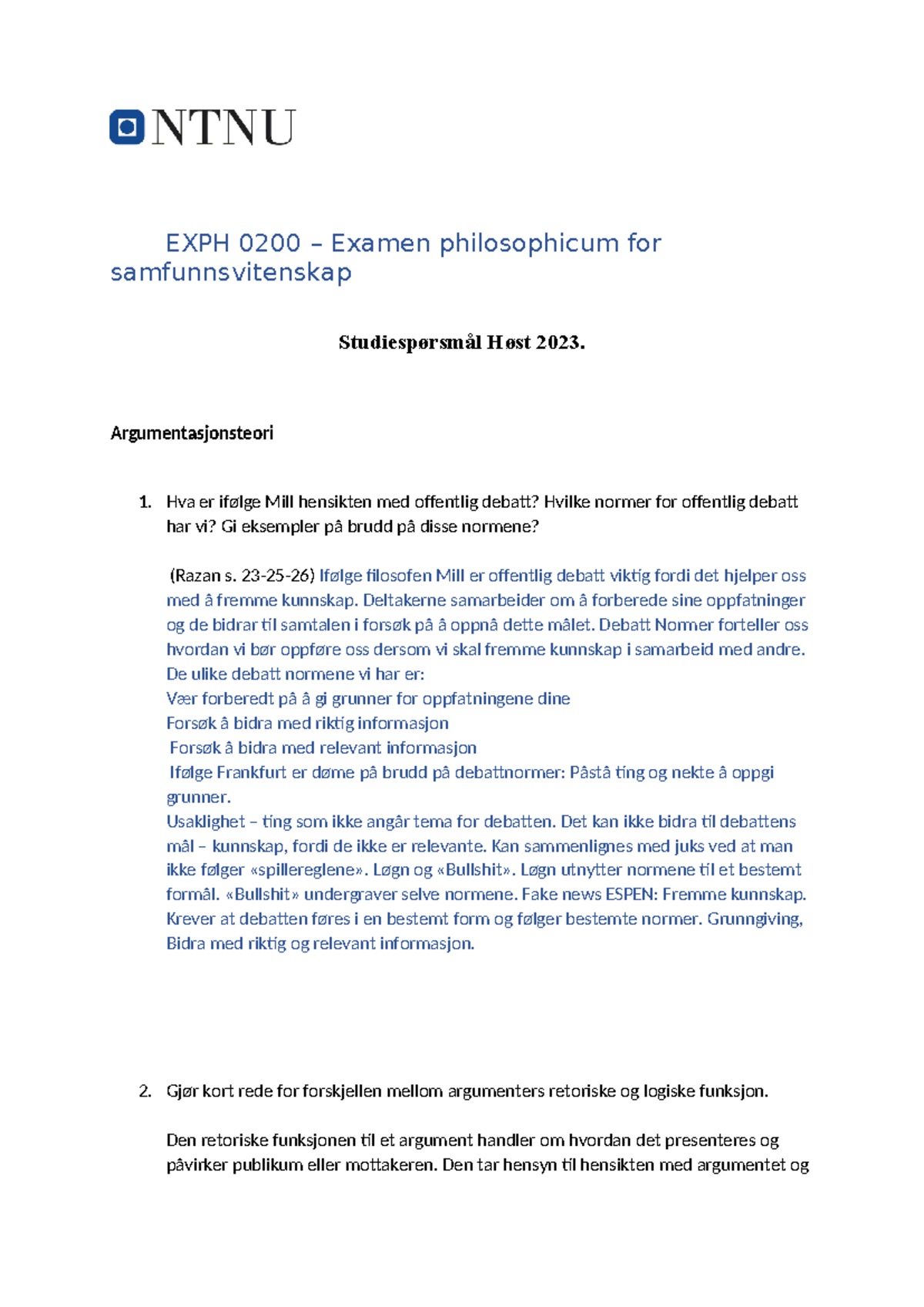 Studiespørsmål del 1-3 EXPH0200 H23 - EXPH 0200 – Examen philosophicum for samfunnsvitenskap ...