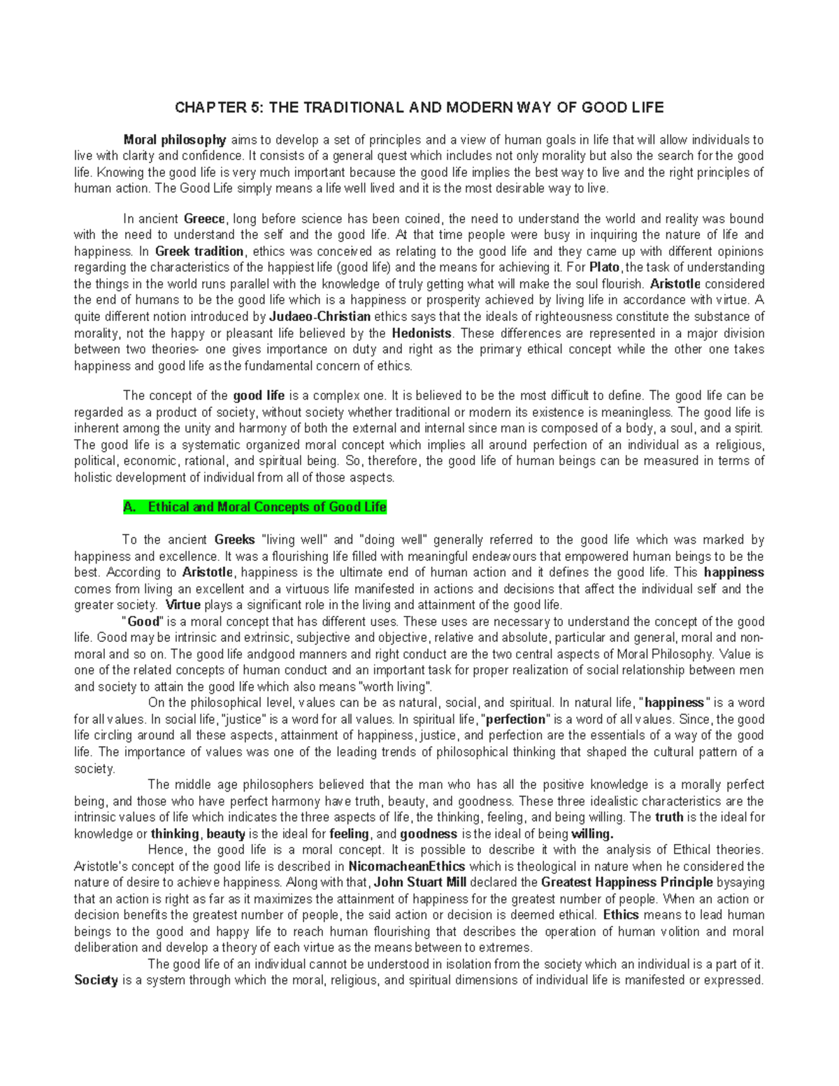 CHAPTER 5 - THE TRADITIONAL AND MODERN WAY OF GOOD LIFE - It consists ...
