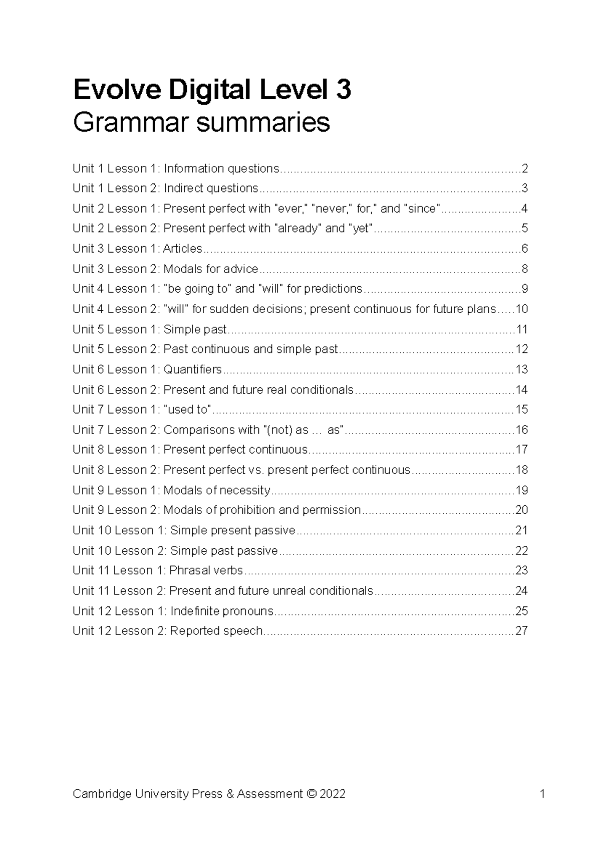 Evolve Digital Level 3 Grammar summaries - Grammar summaries Evolve Digital Level Unit 1 Lesson ...
