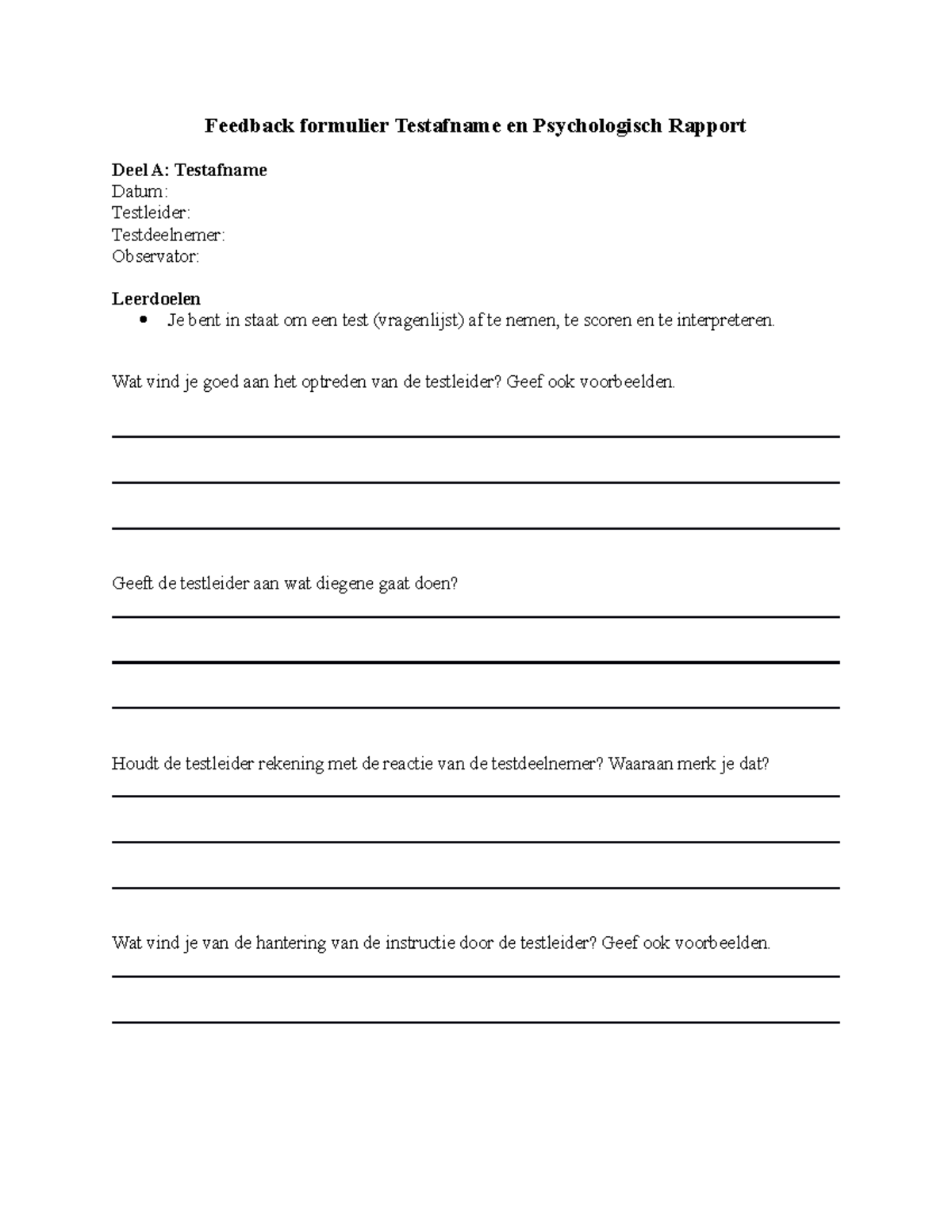 Feedback formulier Testafname en Psychologisch Rapport - Wat vind je ...