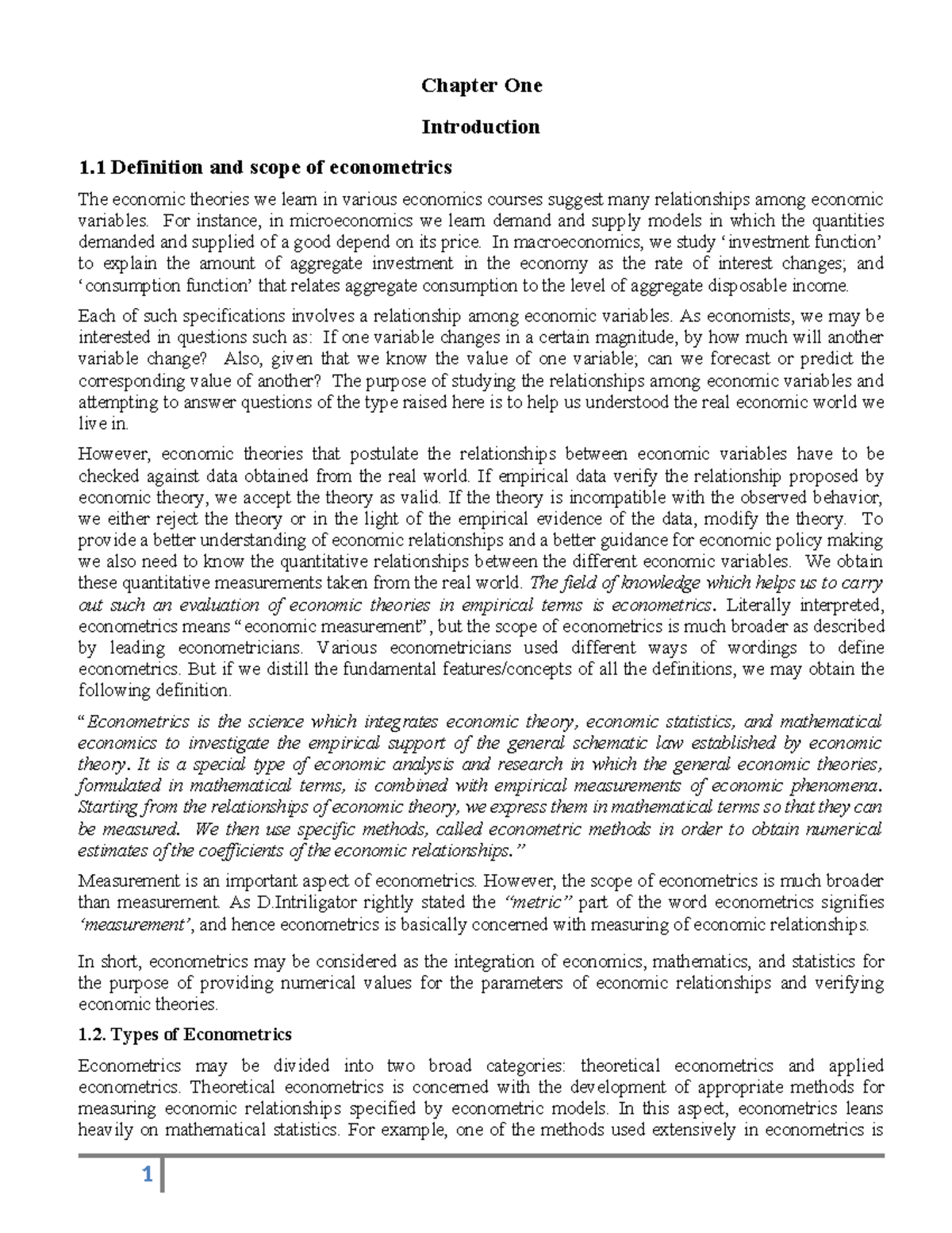 Econometrics Handout by Moti D - Chapter One Introduction 1 Definition and scope of econometrics ...