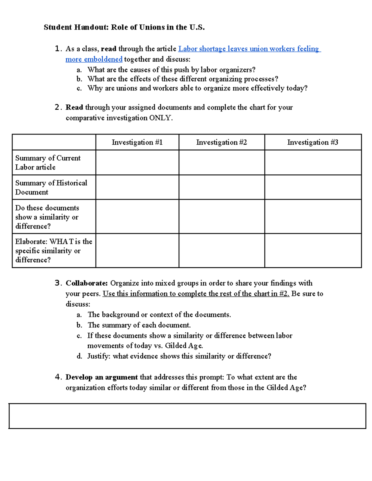 Role of Unions in the U.S - As a class, read through the article Labor ...