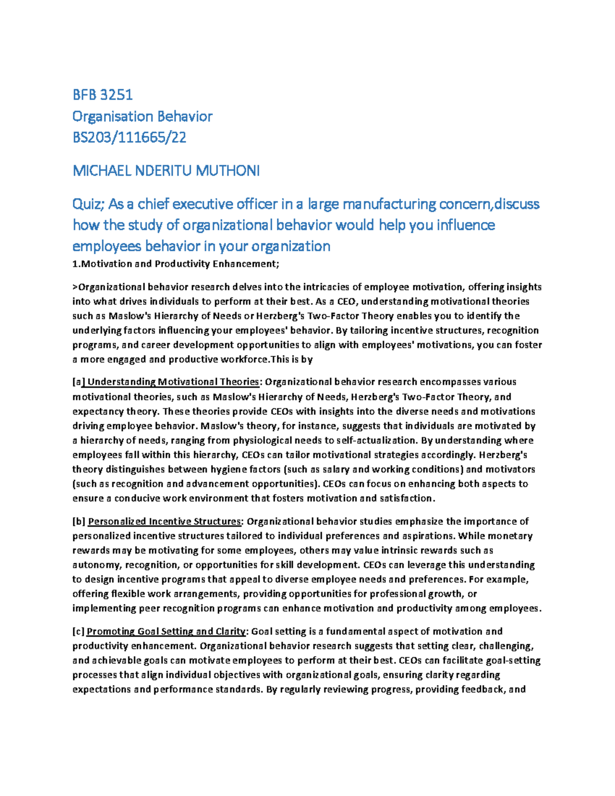 BFB 3251;Organisational Behavior - BFB 3251 Organisation Behavior BS203 ...