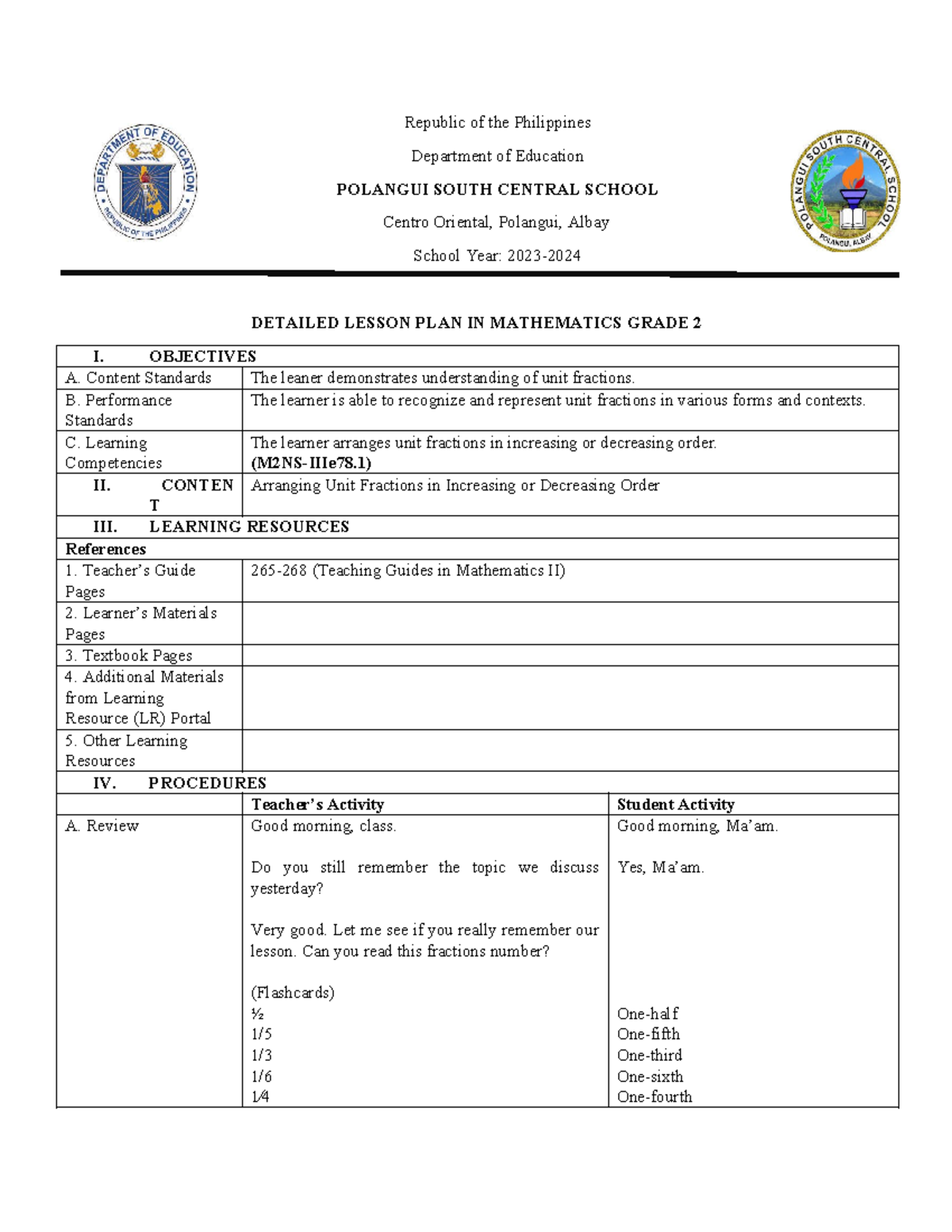 Detailed Lesson PLAN IN Mathematics Grade 2 - Republic of the ...