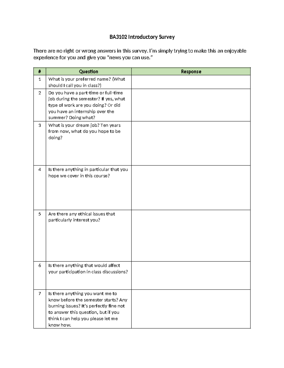 BA3102 Introductory Survey -1 - BA3102 Introductory Survey There are no ...