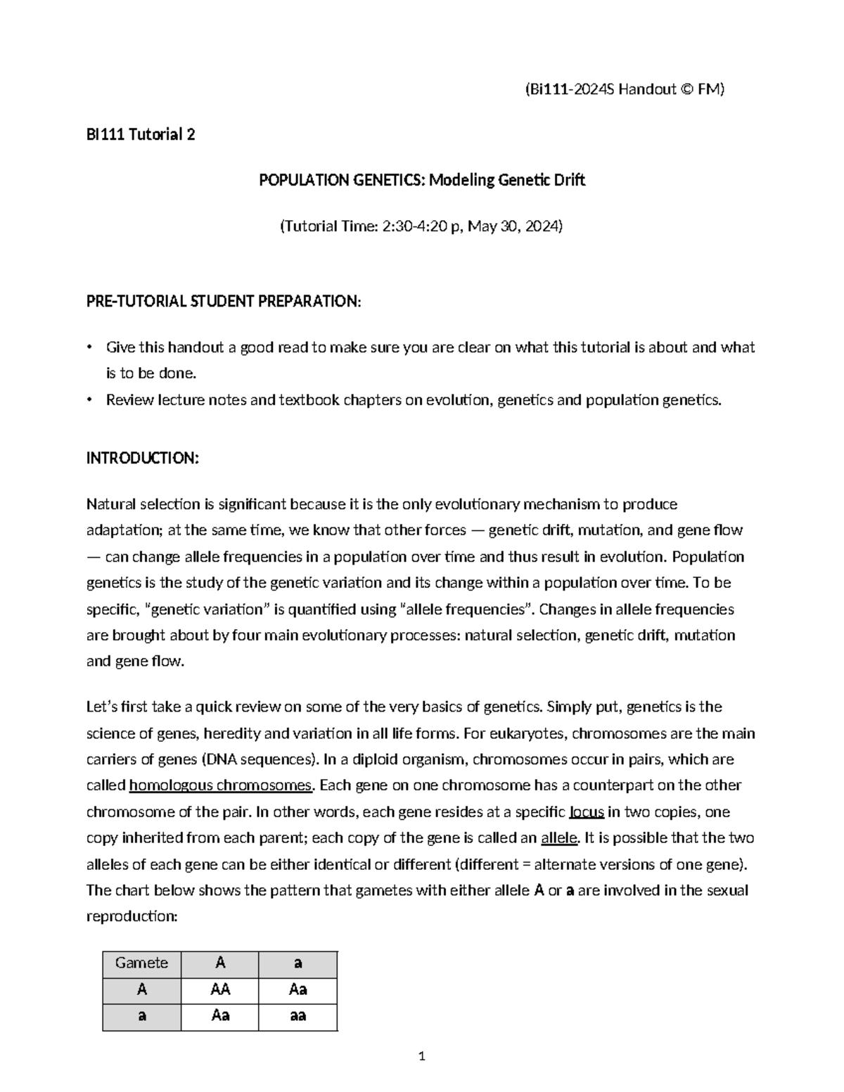 Bi111-2024S Tutorial 2 Population genetics (Handout) - (Bi111-2024S Handout © FM) BI111 Tutorial ...
