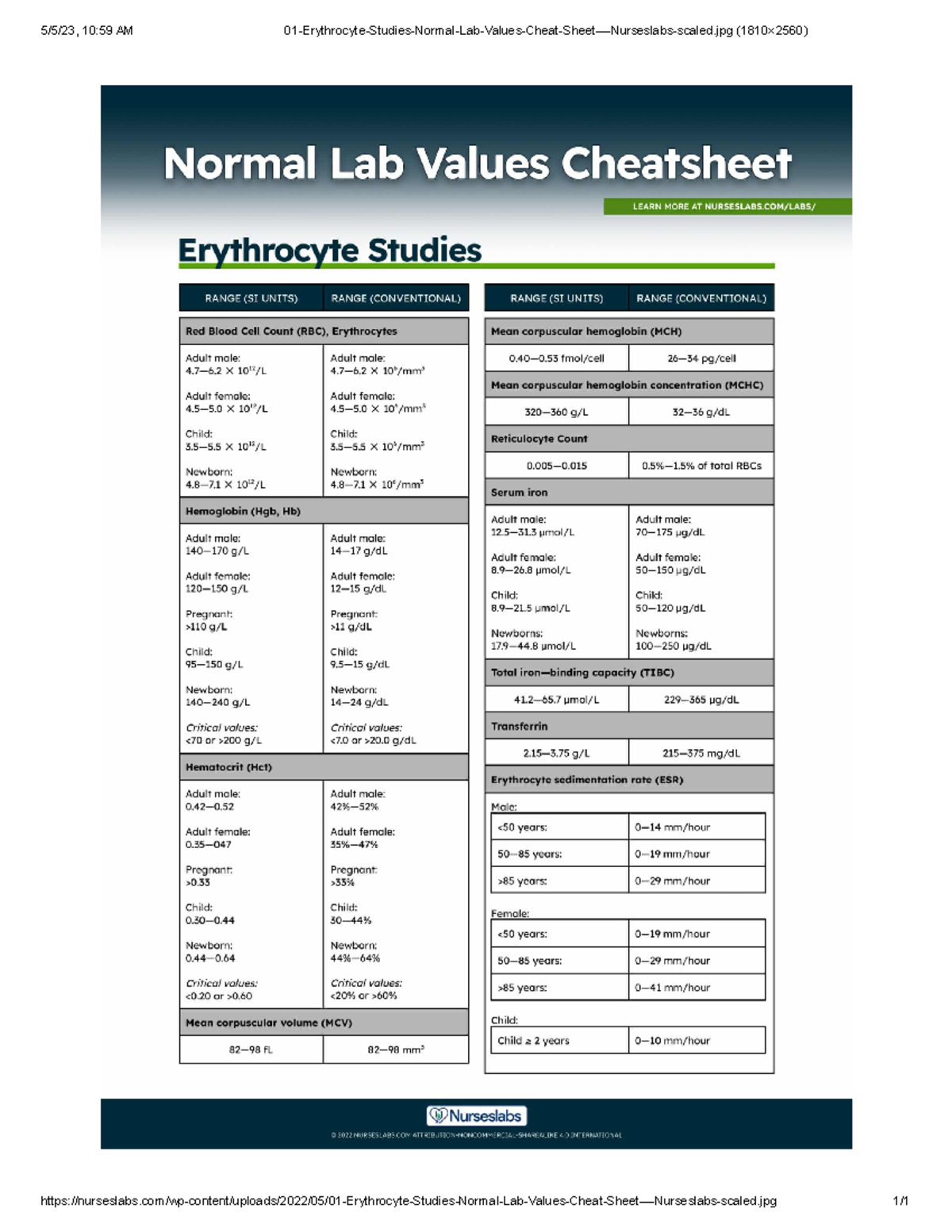 01 Erythrocyte Studies Normal Lab Values Cheat Sheet – Nurseslabs ...